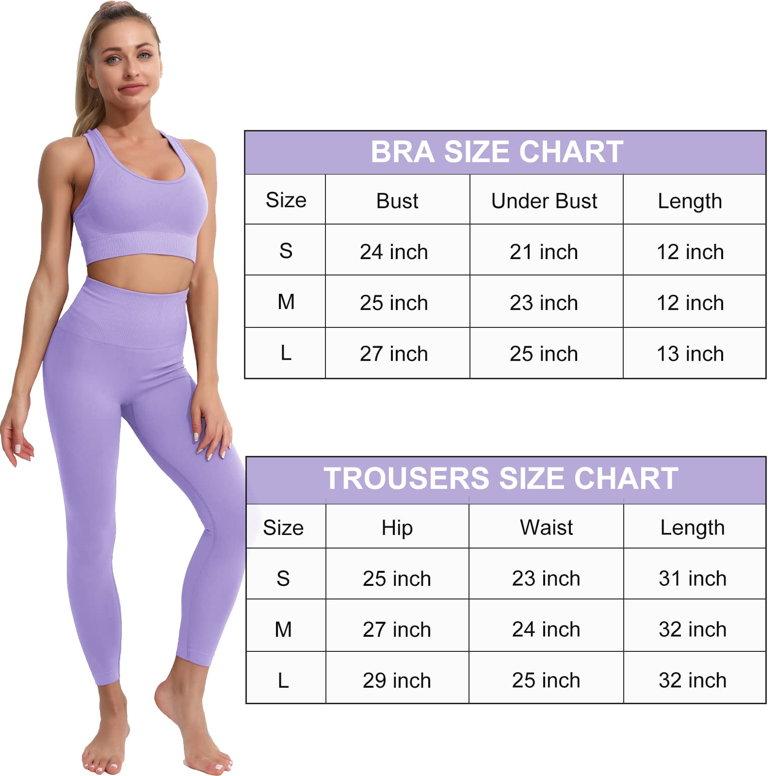 LUBERASU Women's 2 Piece Workout Sets High Waisted Seamless Leggings with Padded Sports Bra Sets(Purple,S)