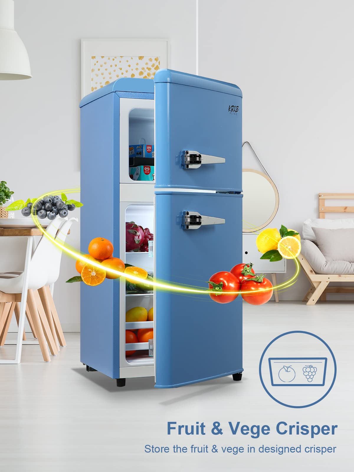 KRIB BLING Mini Fridge With Freezer,3.5 Cu. Ft Compact Refrigerator With 2 Doors,7- Level Adjustable Thermostat, Removable Glass Shelves For Bedroom, Office, Kitchen, Apartment, Dorm, Blue