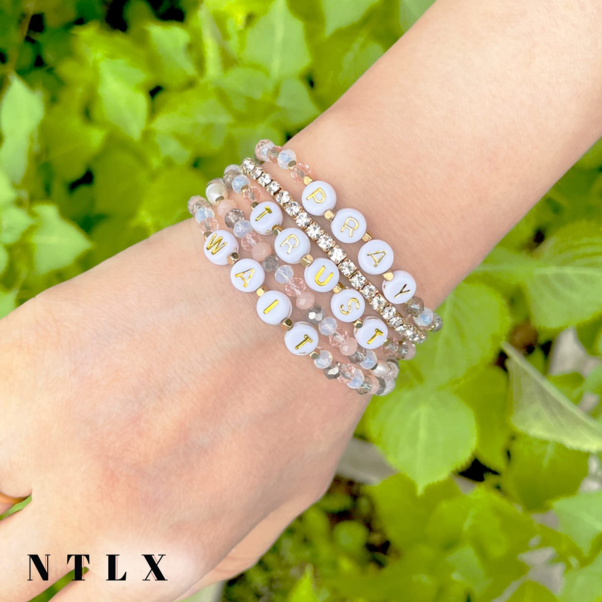 Inspirational Message Multi Strand Beaded Stackable Stretch Bracelets for Women β Pray Trust Wait - Bohemian Boho Style Bracelets β Beautiful Faceted Glass Beads β Gift Box Included (PRAY TRUST WAIT)