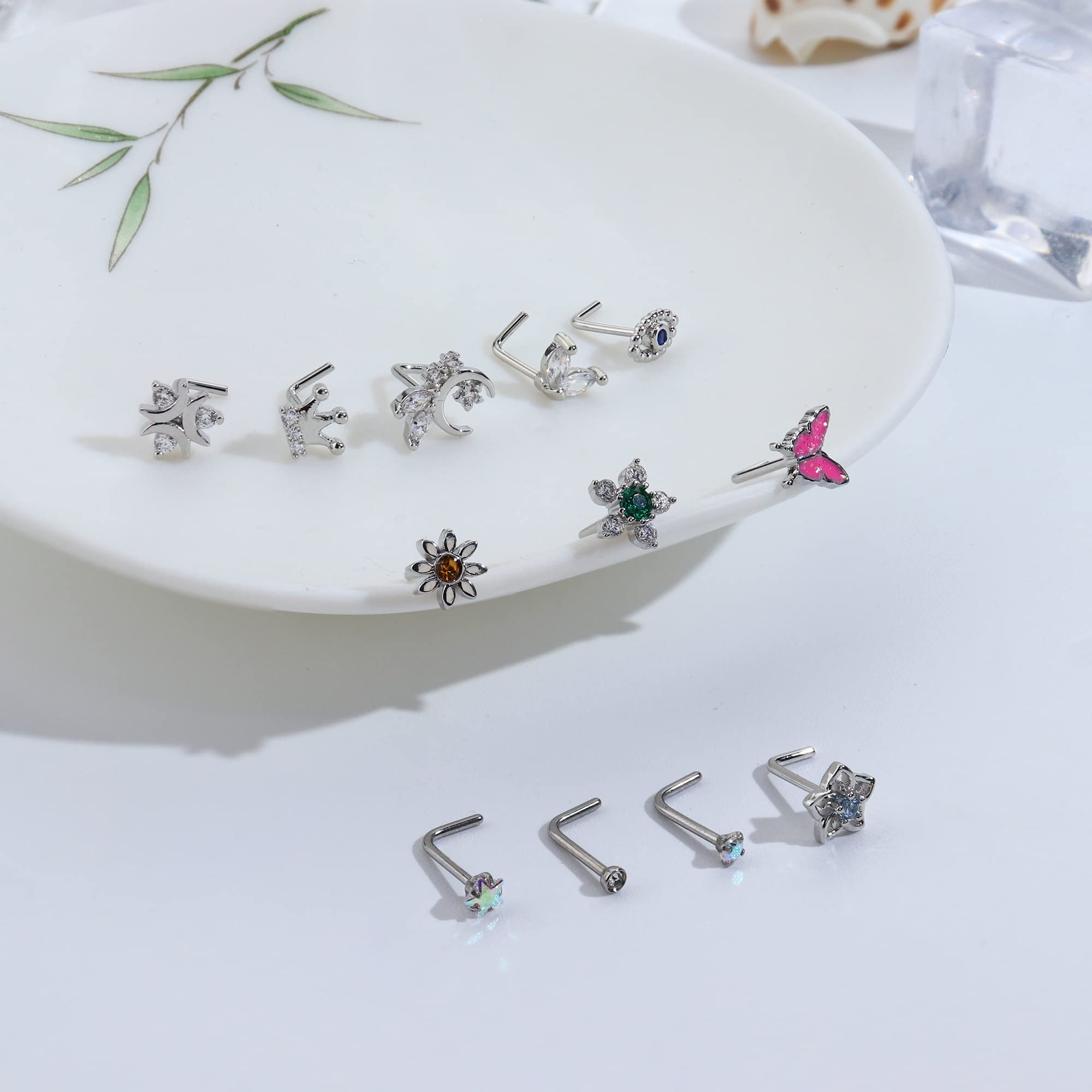 JOERICA 12 Pcs 20G Nose Ring Stud 316L Stainless Steel L Bone Shaped Nose Studs Butterfly Evil Eye Flower CZ Nose Stud for Women Men Nose Piercing Jewelry