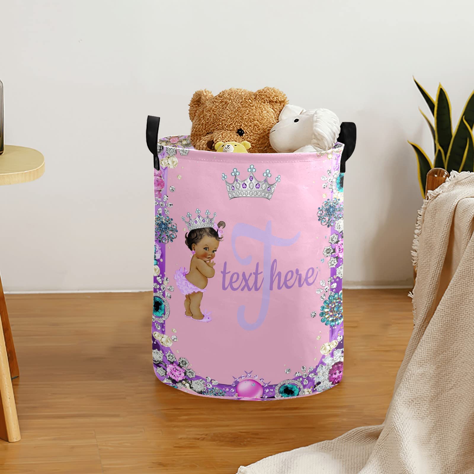 Personalized Custom Diamond Border Girl Collapsible Large Sized Clothes Hamper with Knitting Handles for Baby Girls Boys Kids Nursery Clothes Things