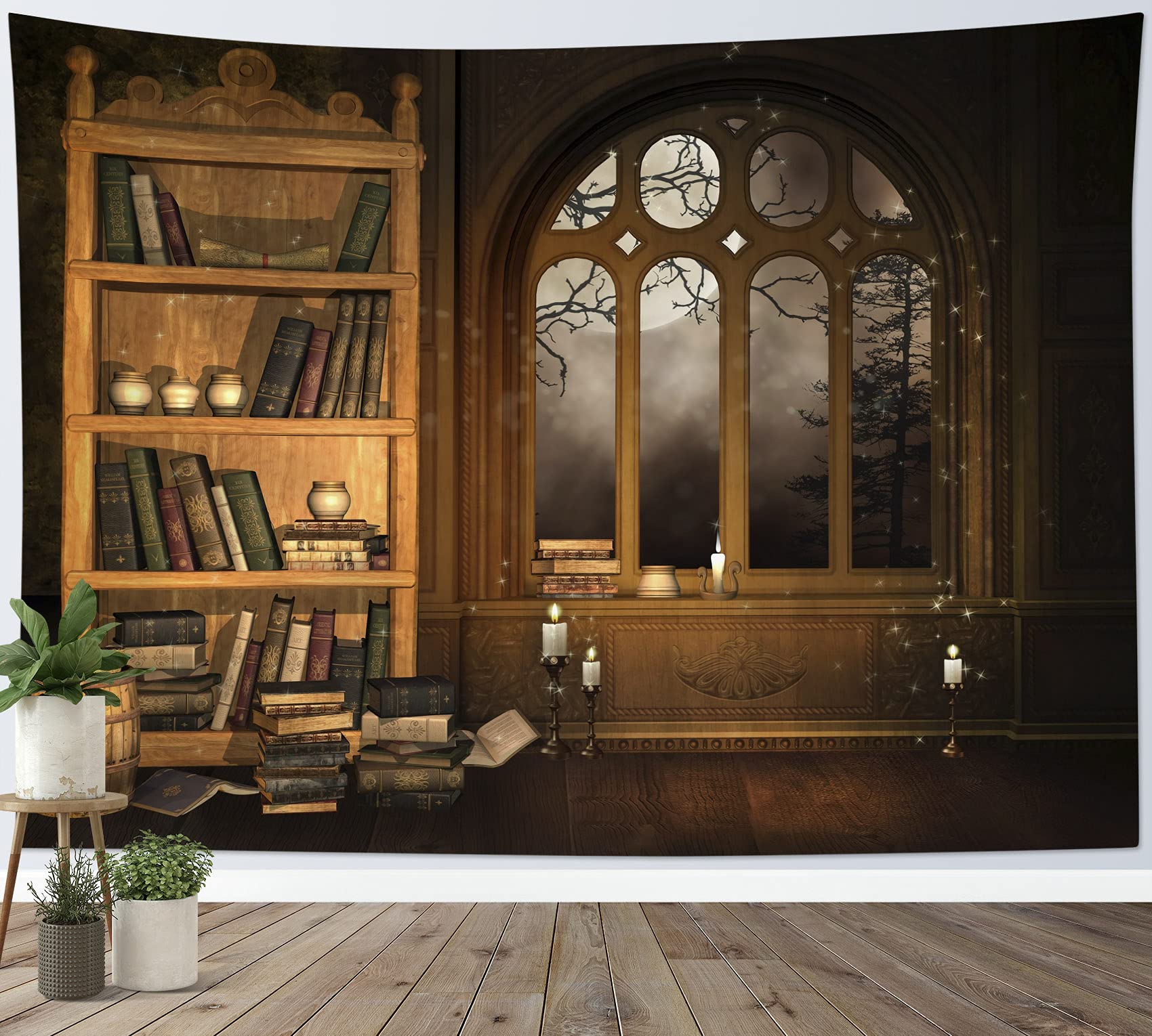 HVEST Vintage Bookshelf Tapestry Wall Hanging Magical Witch Bookshelf Tapestries Full Moon Outside Window Tapestry for Living Room Bedroom Dorm Holiday Party Decor, 60 X 40 Inches
