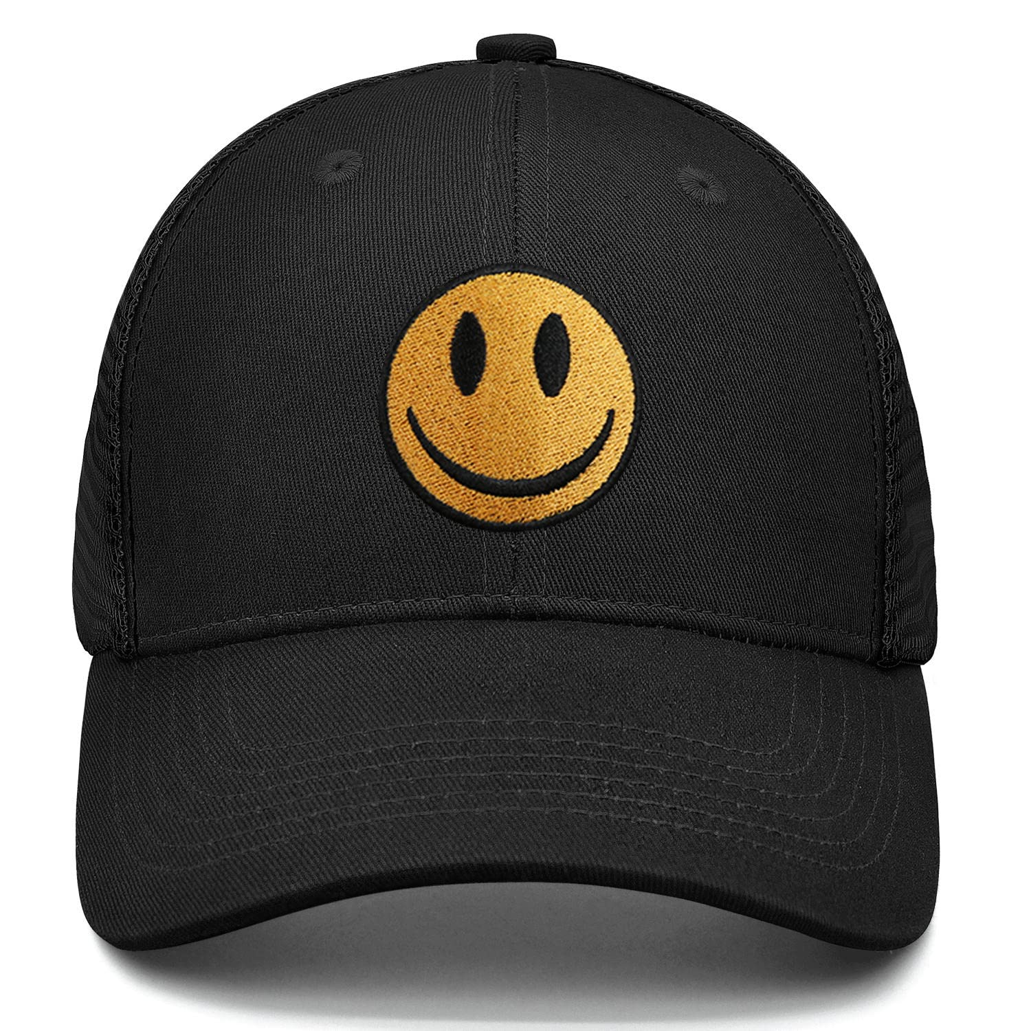 Koesnbre Smile Face Embroidered Black Mesh Trucker Hat for Men and Women, Adjustable Snap Backs Baseball Caps