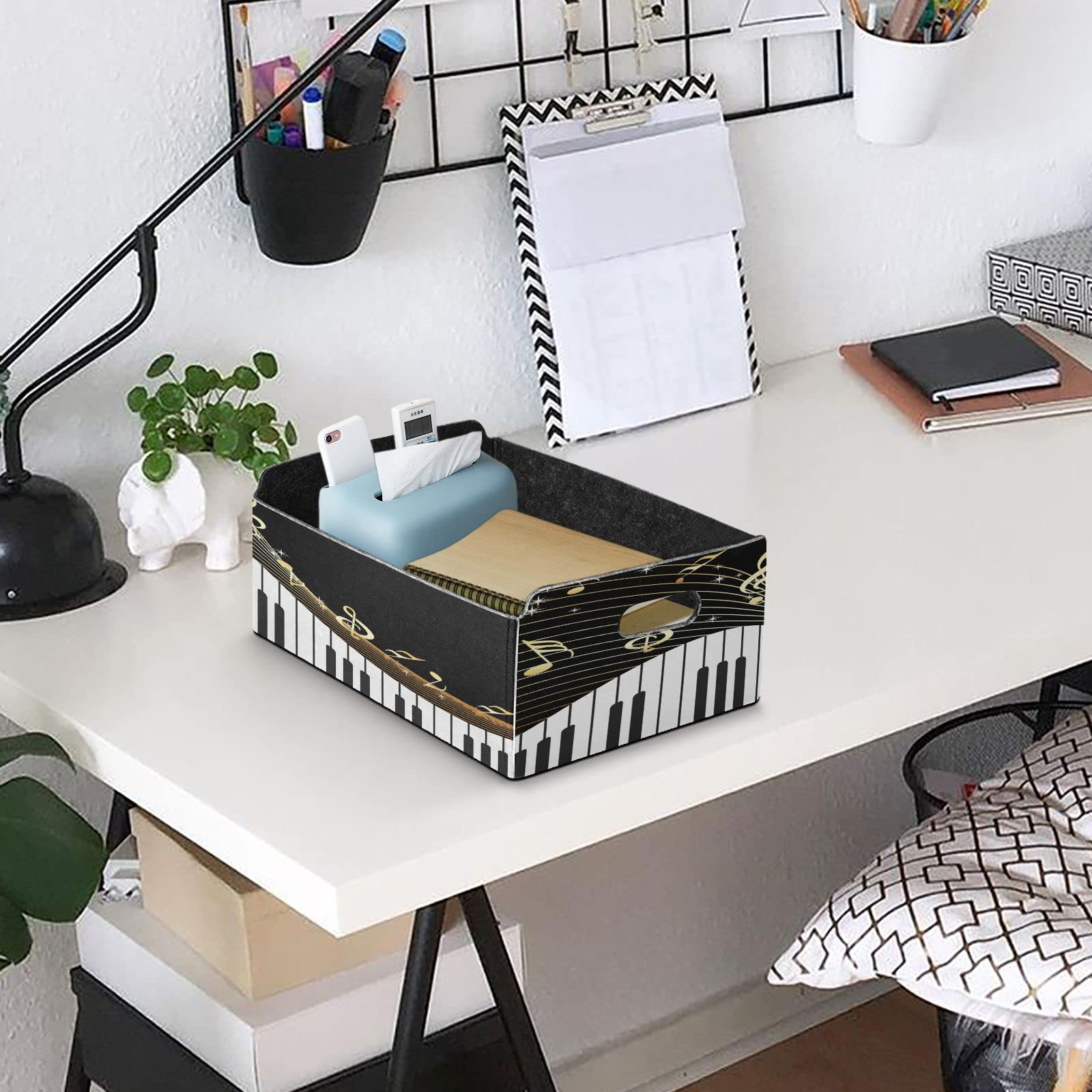 Kigai Collapsible Felt Storage Bins Music Note Piano Key Rectangle with Handle Storage Bins Baskets Toys Storage Basket for Organizing Closet Clothes Office Books Home Decor