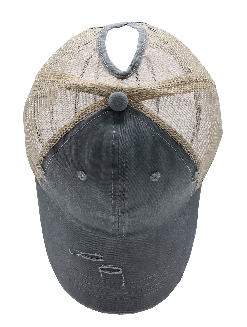 KKMKSHHG Ponytail Baseball Cap for Womens, Adjustable Vintage Trucker Washed Denim Dad Hat, Distressed High Mesh Messy Bun Velcro Ponycap