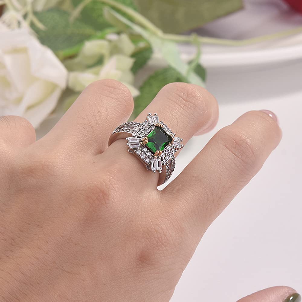Koguxuix 925 Sterling Silver Emerald Ring Perfect Square Princess Cut Green Gem Cubic Zirconia Anniversary Promise Ring CZ Crystal Eternity Engagement Wedding Band Ring (10)
