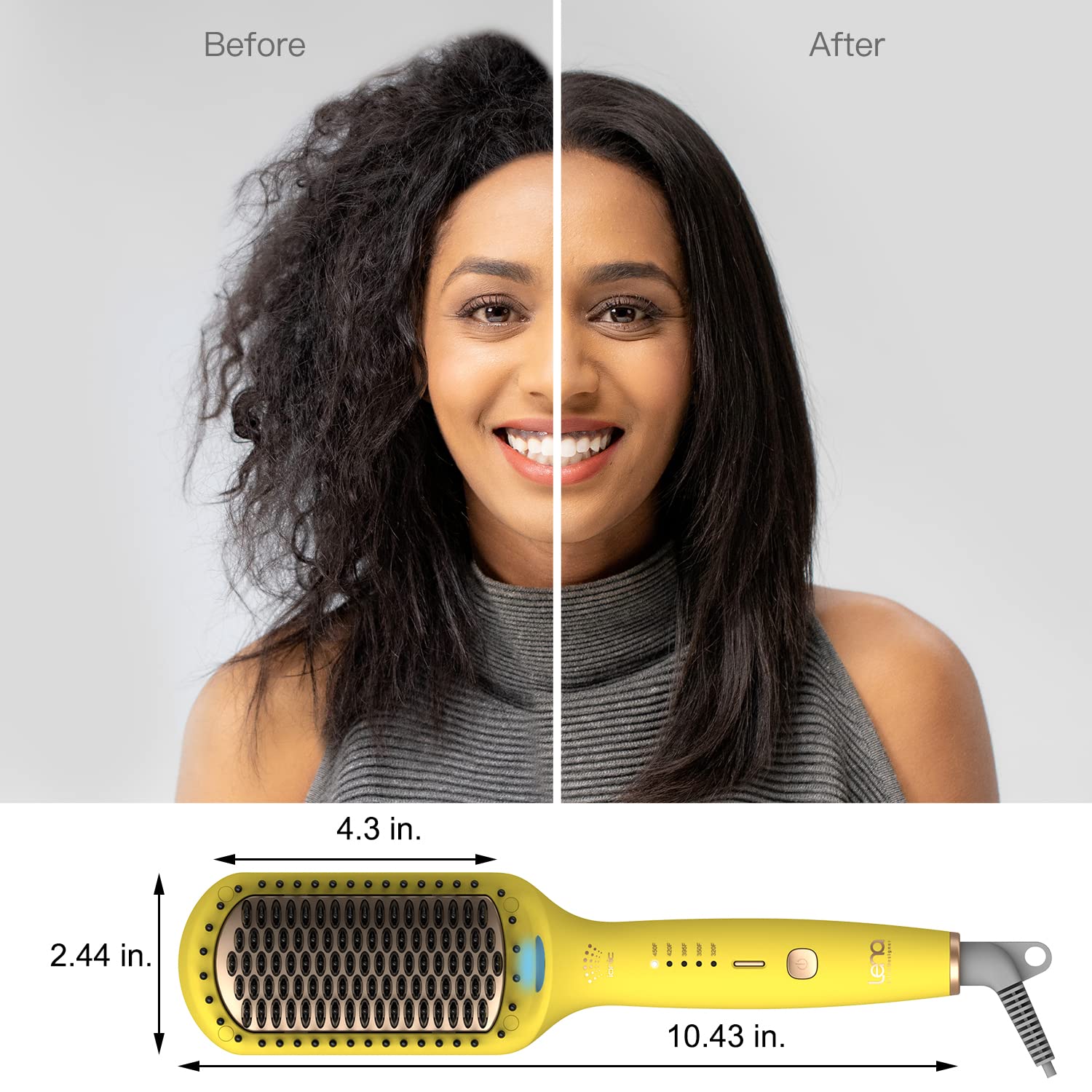 LENA Ionic Straightening Brush - Pro Flat Iron Straightener Comb and Heated Paddle Brush Styler with Extra Ion Care for Ultra Smooth Hair, Anti-Scald,Auto Off, Max 450°F (Yellow)