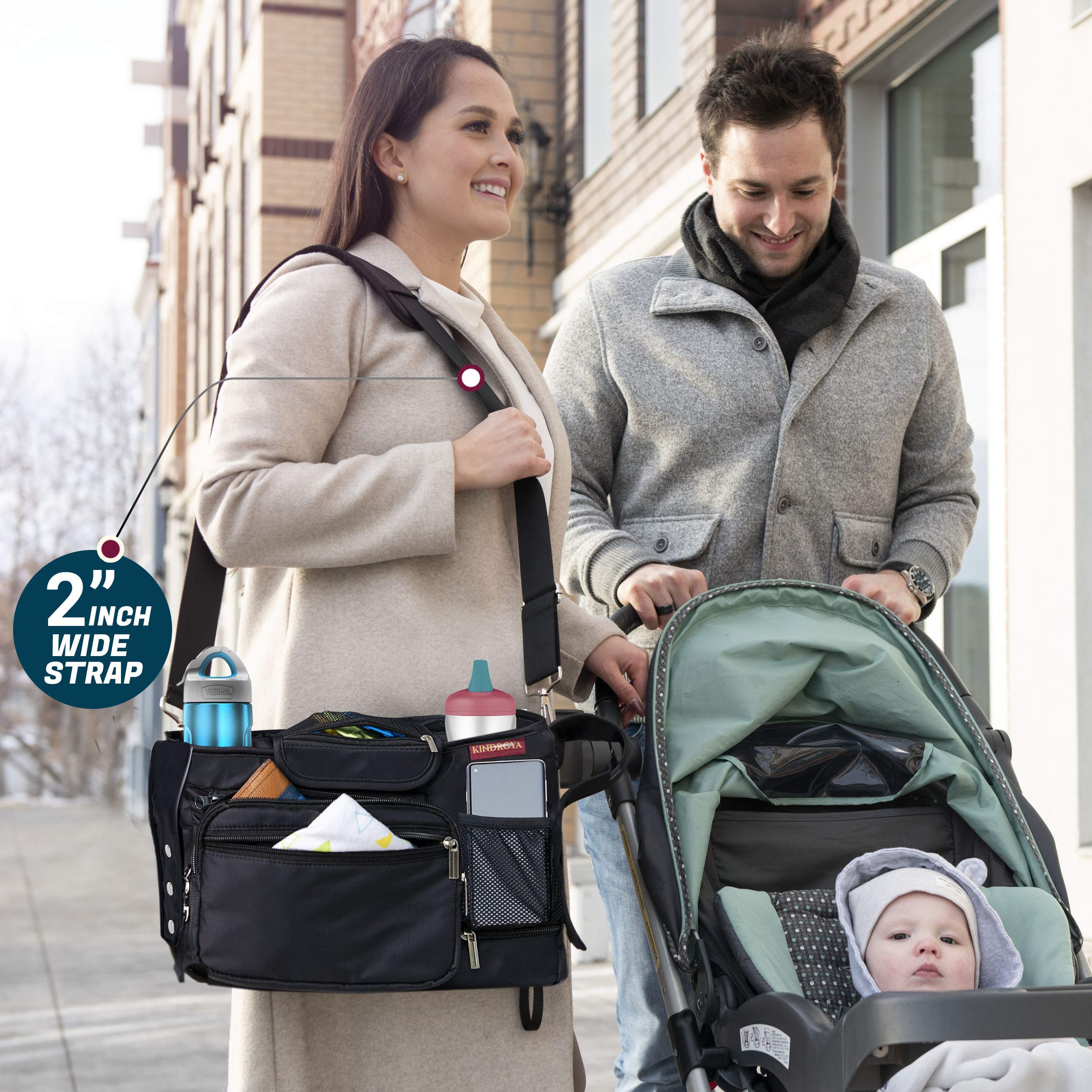 Kindroya Universal Stroller Organizer Bag- Extra Storage, Dual Locking Mechanism, Larger Insulated Cup Holders, Non-Slip straps, Detachable Mesh and Pouch, Hidden Pockets and Free Diaper Changing Pad.