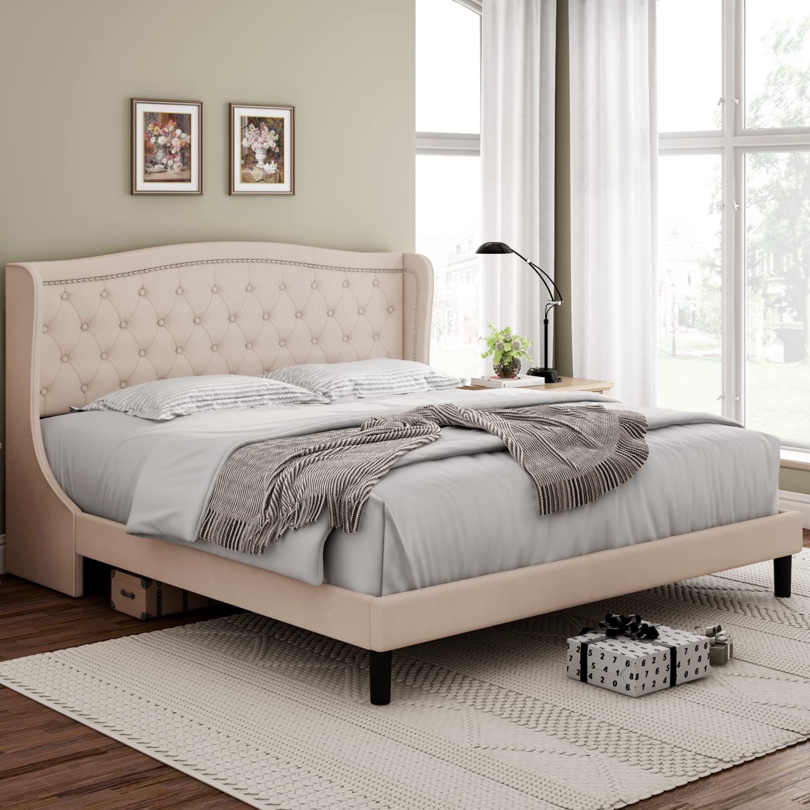 HOSTACK Full Size Bed Frame, Modern Upholstered Platform Bed with Wingback Headboard, Heavy Duty Button Tufted Bed Frame with Wood Slat Support, Easy Assembly, No Box Spring Needed(Black, Full)