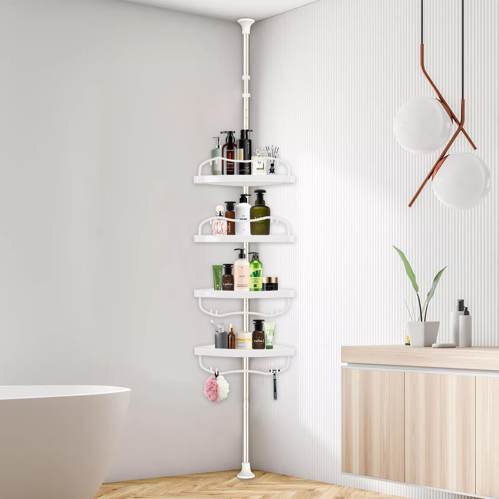 UIABOPZ Shower Caddy Tension Pole, Rustproof Shower Corner Caddy, 4-Tier Shower Organizer Corner Shelf Tension Rod Shower Caddy Corner 54 to 114 Inch