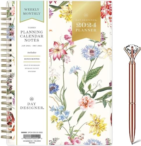January 2024 x December 2024 Vertical Hourly Appointment Year Round Planner Notes,Weekly/Monthly 5.875"x8.625" Celebration Floral - Day Designer and BallPoint Crystal Daimond Pen