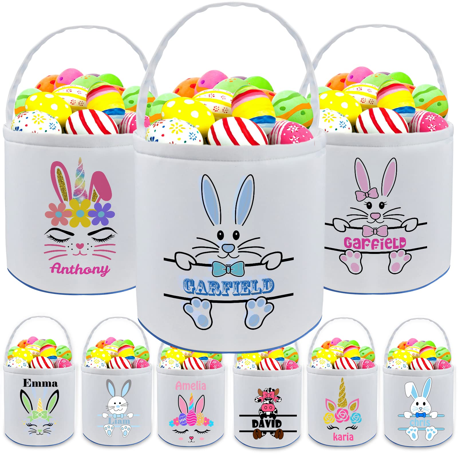 Personalized Easter Basket for Girls Boys with Handle Custom Easter Canvas Tote Bags with Name Buny Gifts