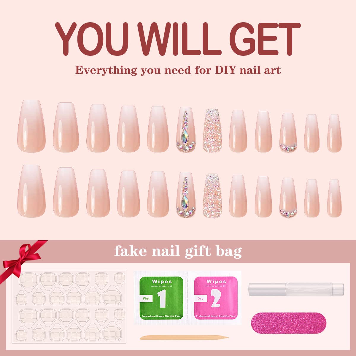 Yivaiks 24pcs Advanced Hand Made Glitter Gradient Pink Press on Nails Medium Length,Luxurious Crystal Gem Design Ballerina Long Coffin Fake Glue for Women Acrylic Perfect Accessory Banquets, Soirees, Parties(GD-004)