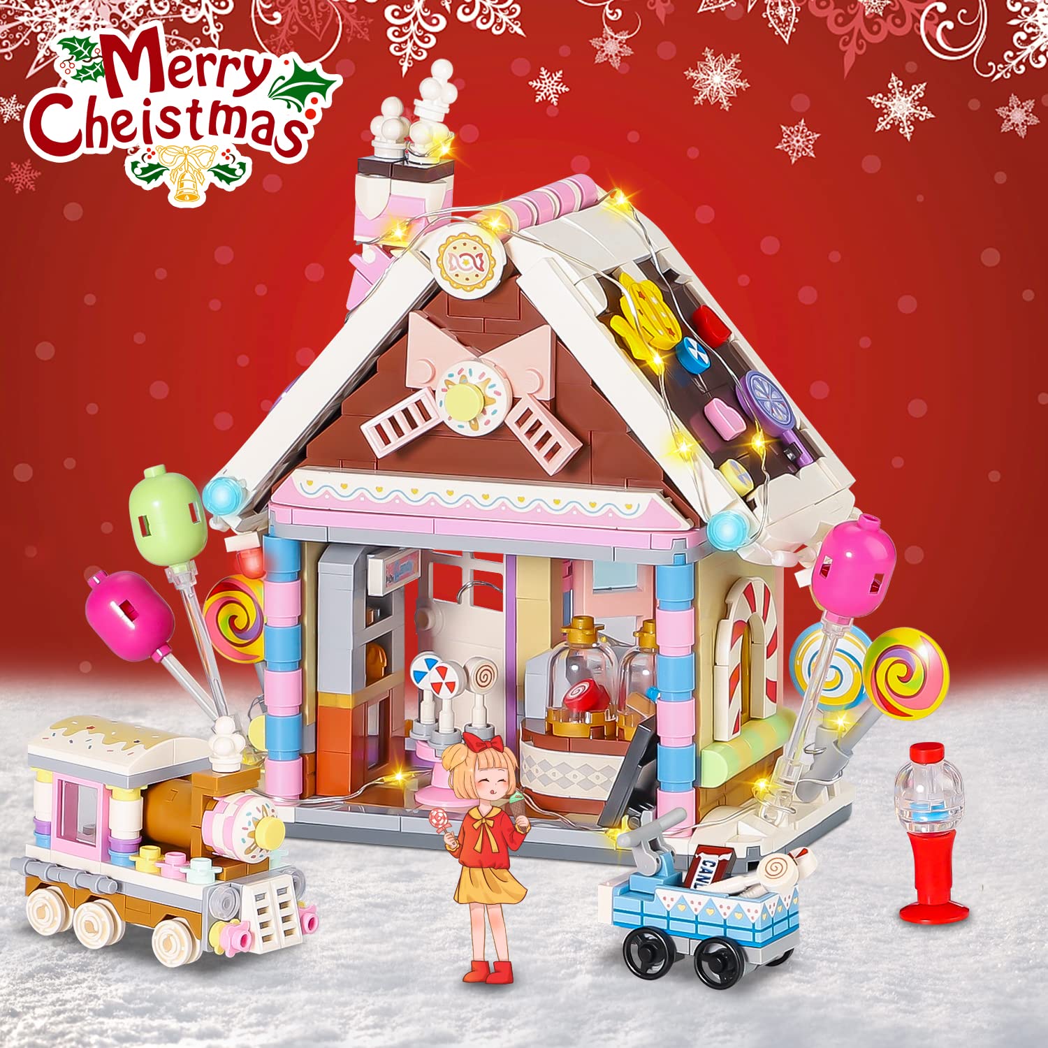 PinkBee Christmas Gingerbread House 2022 Mini Candy Store Building Block Set with Ice Cream Truck Creative Xmas Ornament Toys Kits Micro Bricks for Adults Kids 8-12 6-12 7-9(781Pcs)