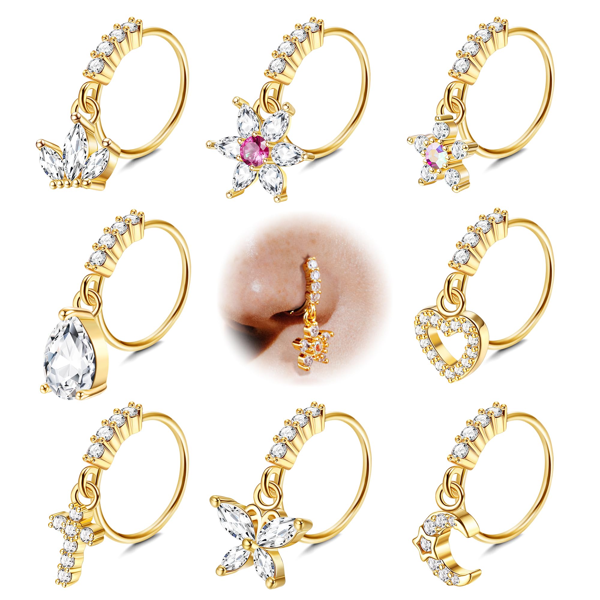 JOERICA 8 Pcs 20G Dangle Nose Rings Hoops for Women Butterfly Heart Moon Flower Cross CZ Dangle Nose Rings Cartilage Earring Dangling Nose Piercing Jewelry