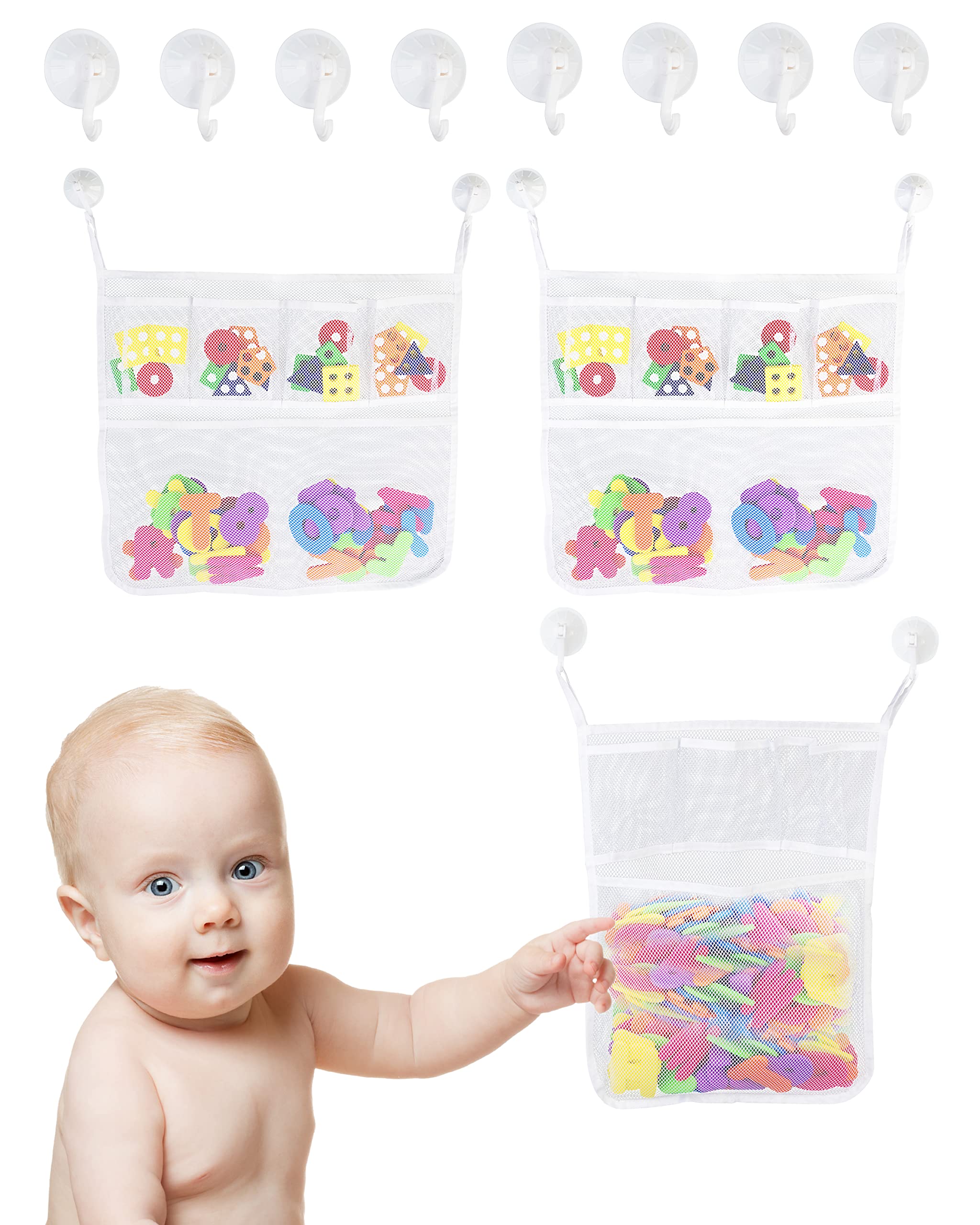 MoHern Bath Toy Storage for Bath Toys, 3PCS Bath Toy Holder with 6 Ultra Strong Hooks and 36 Bath Letters & Numbers, Multi-use Mesh Bath Toy Organizer Making Bathtub Toy Storage Easy…