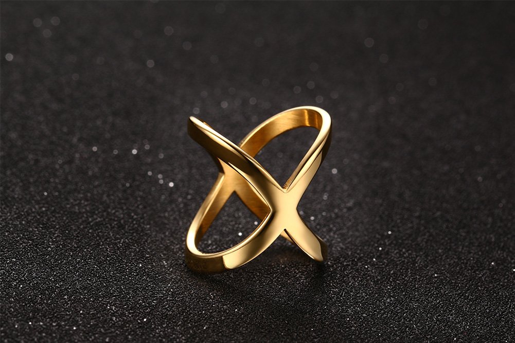 HUANIAN Stainless Steel Criss Cross Ring for Women,Gold,Size 9