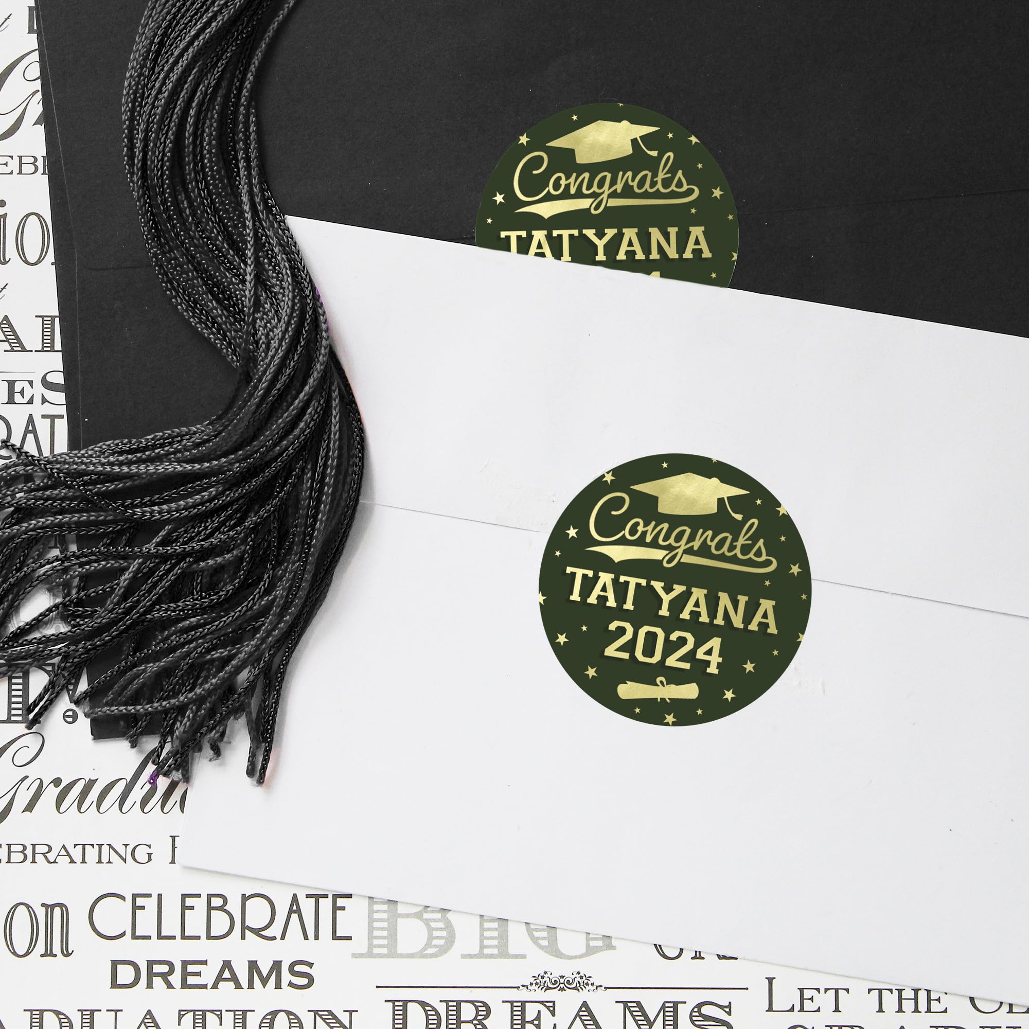 Personalized Green and Gold Graduation Envelope Seals, Class of 2024 Thank You Card Stickers, Bag Seals - 1.75 in. - 40 Count