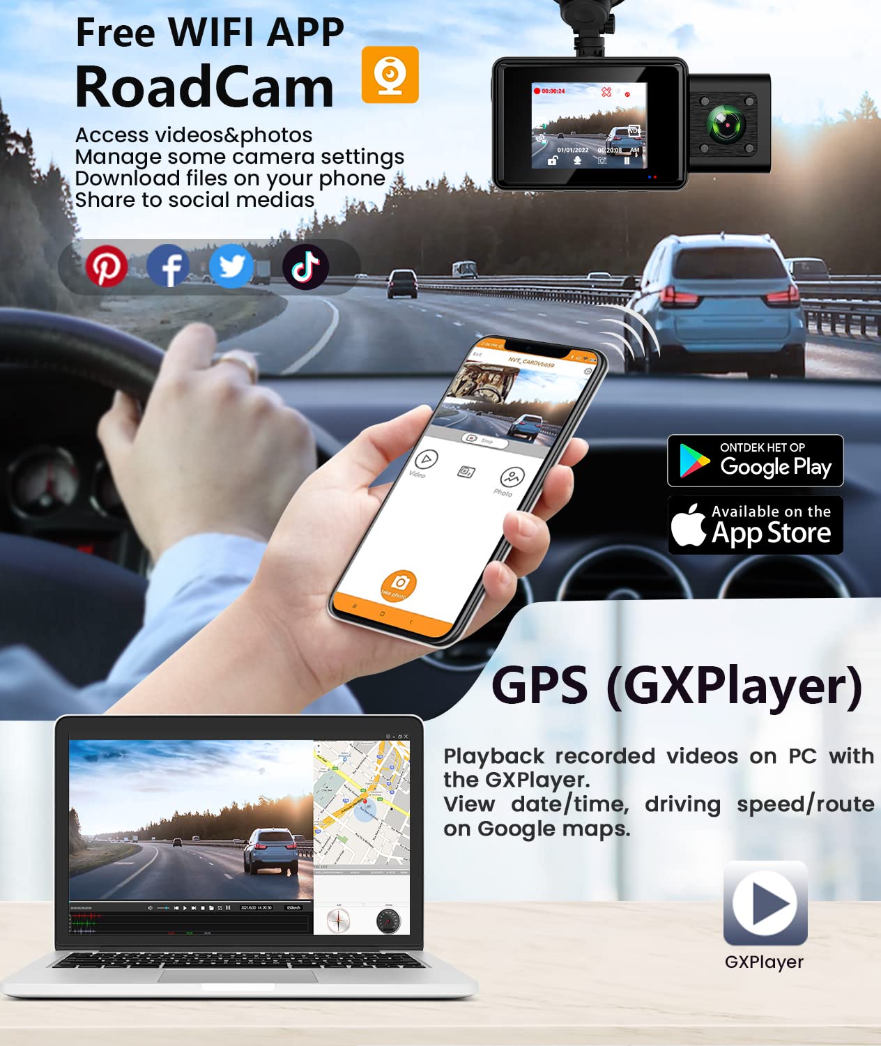 Moplasz 4K Dash cam, WiFi Dual Dash Cam Front and Inside with GPS, App, Night Vision, Loop Recording, G-Sensor, 24/7 Parking Monitor, Support 256GB Max (Black)