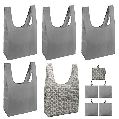 HOLYLUCK Grocery Bags Reusable Foldable 5 Pack Shopping Bags Ripstop Polyester Reusable Shopping Bags,Washable, Durable and Lightweight(4 Grey+1 Maze)
