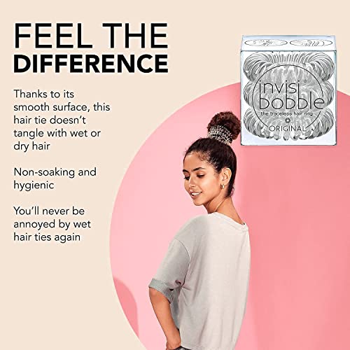 invisibobble Original Traceless Spiral Hair Ties with Strong Grip, Non-Soaking, Hair Accessories for Women - Crystal Clear , 3 Count (Pack of 1)