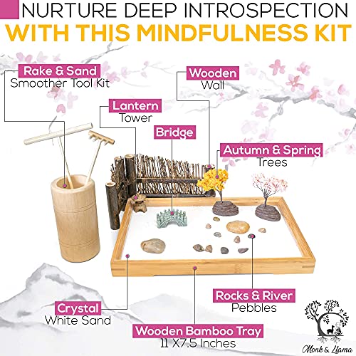 Japanese Zen Garden Kit for Desk - Sand Garden Tools Accessories Box Set for Office Desktop - 12x7.5" Large Bamboo Tray, White Sand, Pebbles, Rake Tools - Mini Table Zen Garden Kit - Meditation Gifts
