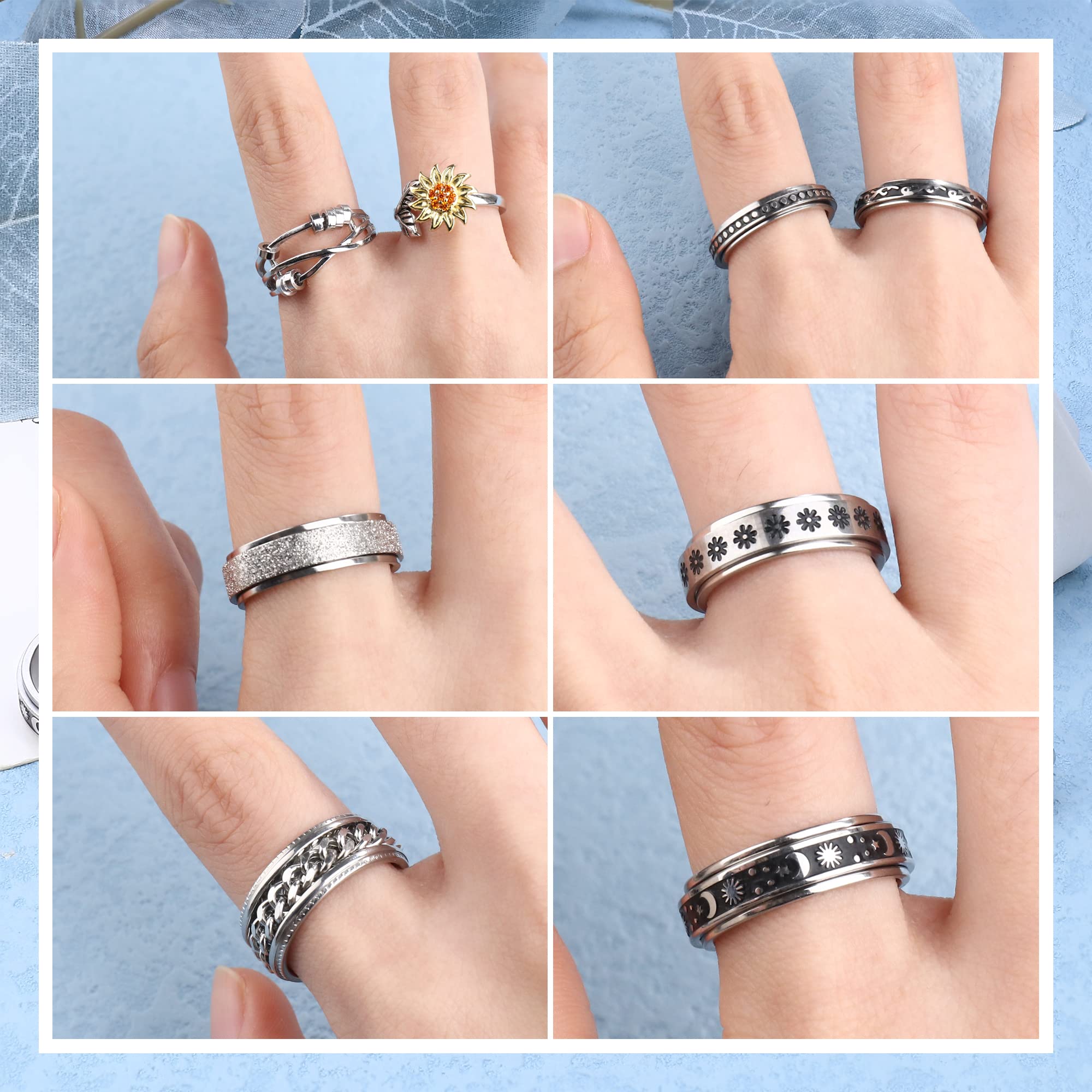 Magitaco 11Pcs Fidget Ring for Anxiety Stainless Steel Fidget Anxiety Rings for Women Men Moon Star Flower Spinner Rings for Anxiety Bead Stress Relief Spinning Stackable Ring Anxiety Ring