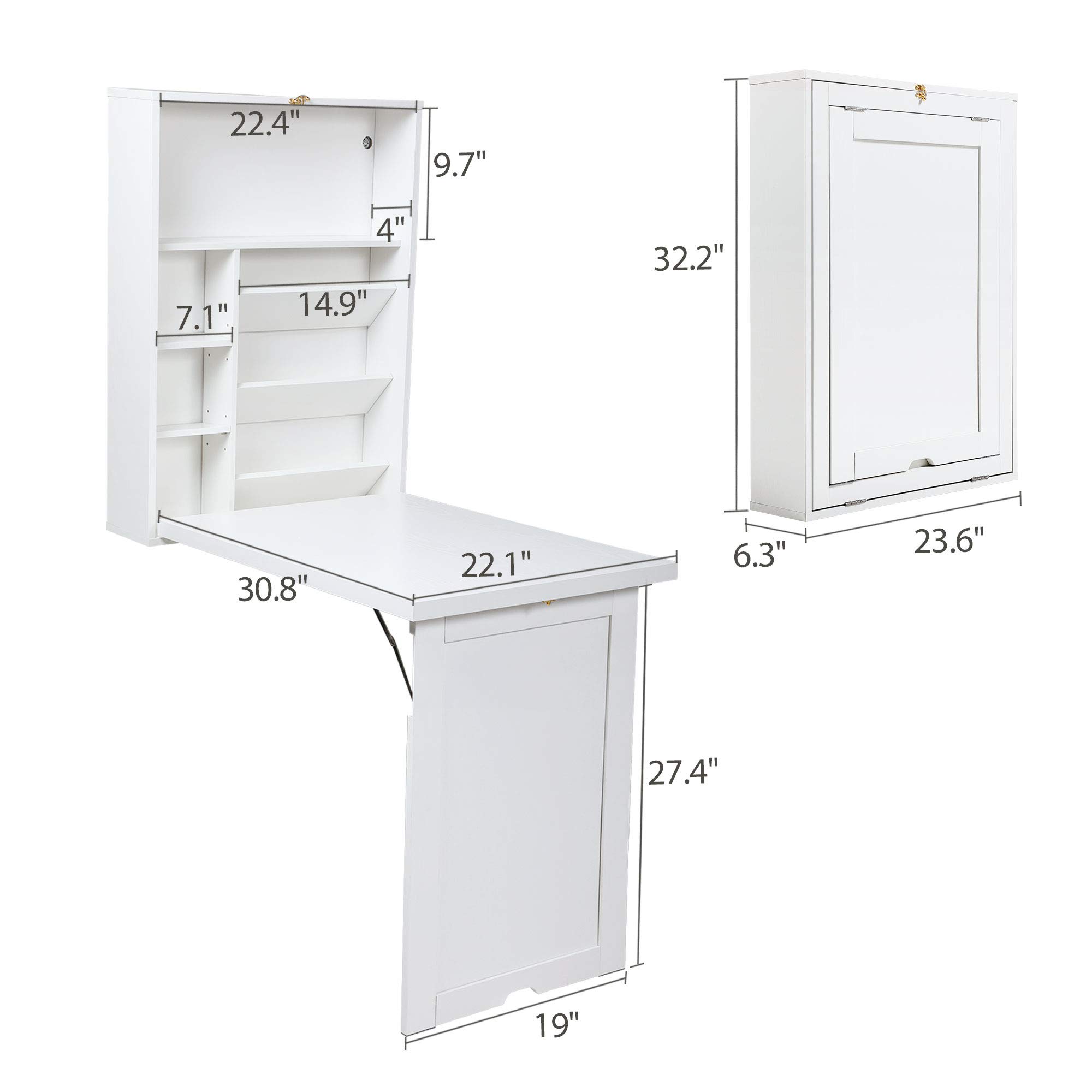 JAXSUNNY Modern Space-Saving Fold Out Compact Wall Mounted Desk Floating Wood Folding Desk Cabinet Writing Desk for Home Office with Multiple Storage Compartments Storage, Laptop Tabletop, White