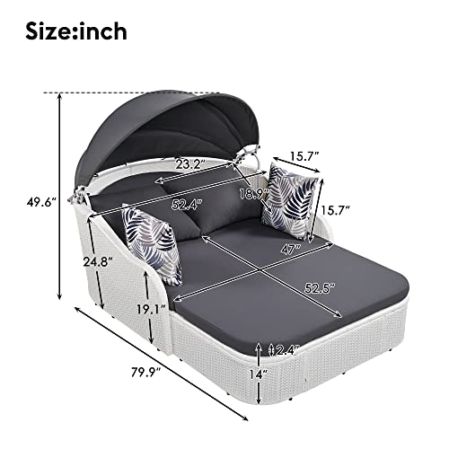 Heasege 79.9" Outdoor Sunbed with Adjustable Canopy, Double Lounge, PE Rattan Daybed, White Wicker, Gray Cushion