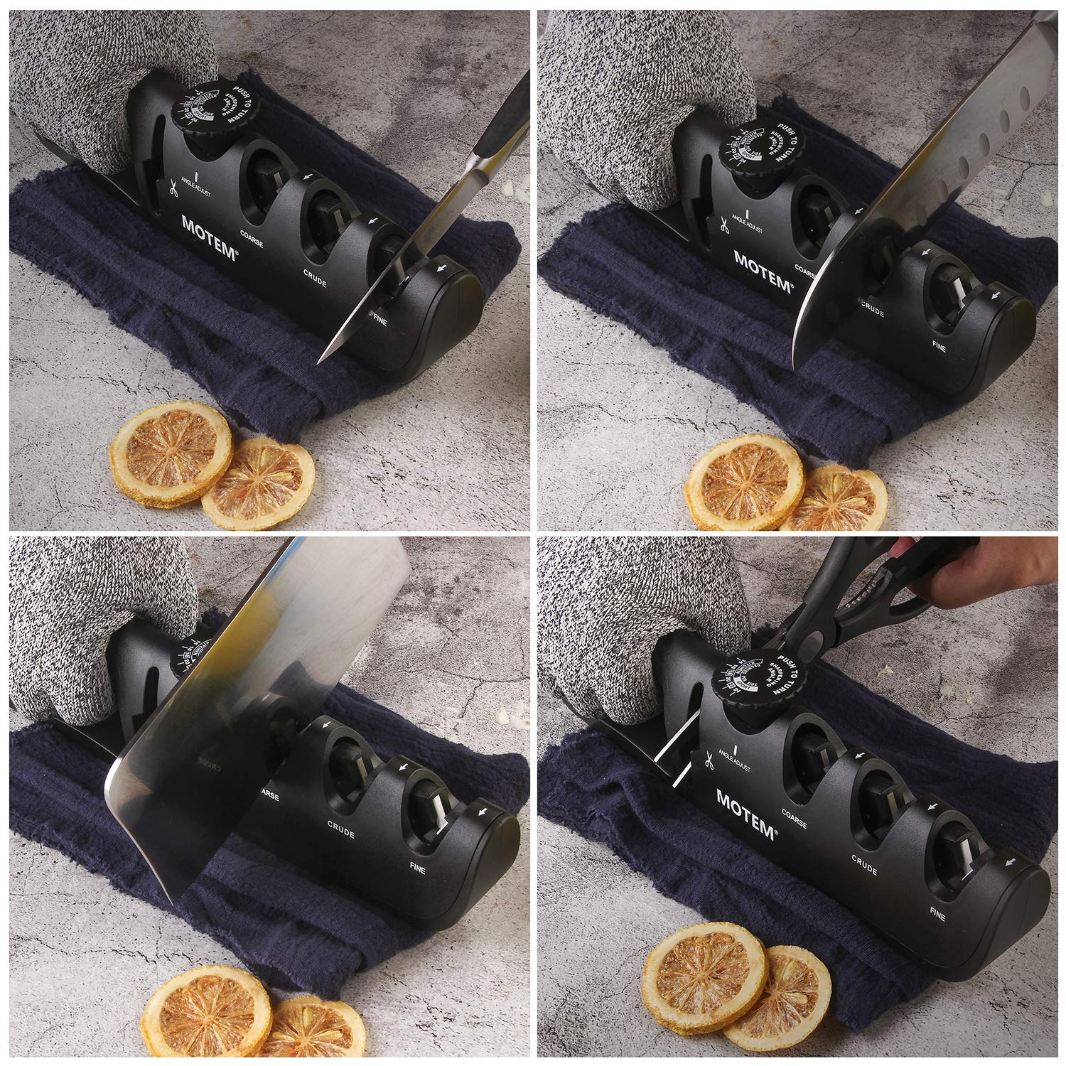 Knife Sharpener MOTEM 4 In 1 Kitchen Knife Sharpener and Scissor Sharpener: Helps Repair, Restore and Polish Quickly with Adjustable Angle Button for Various Knives