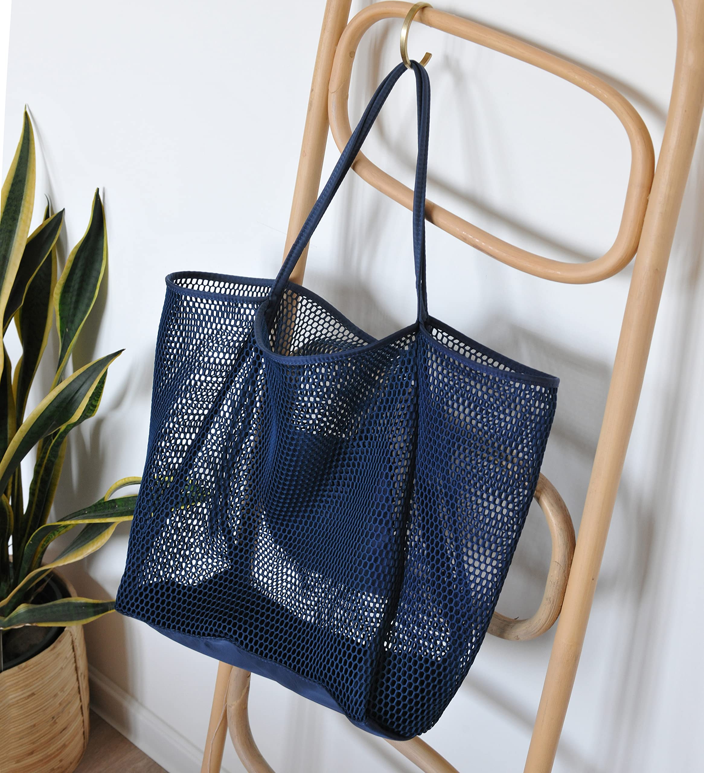 Mesh Beach Tote Womens Shoulder Handbag (Tan, Navy)