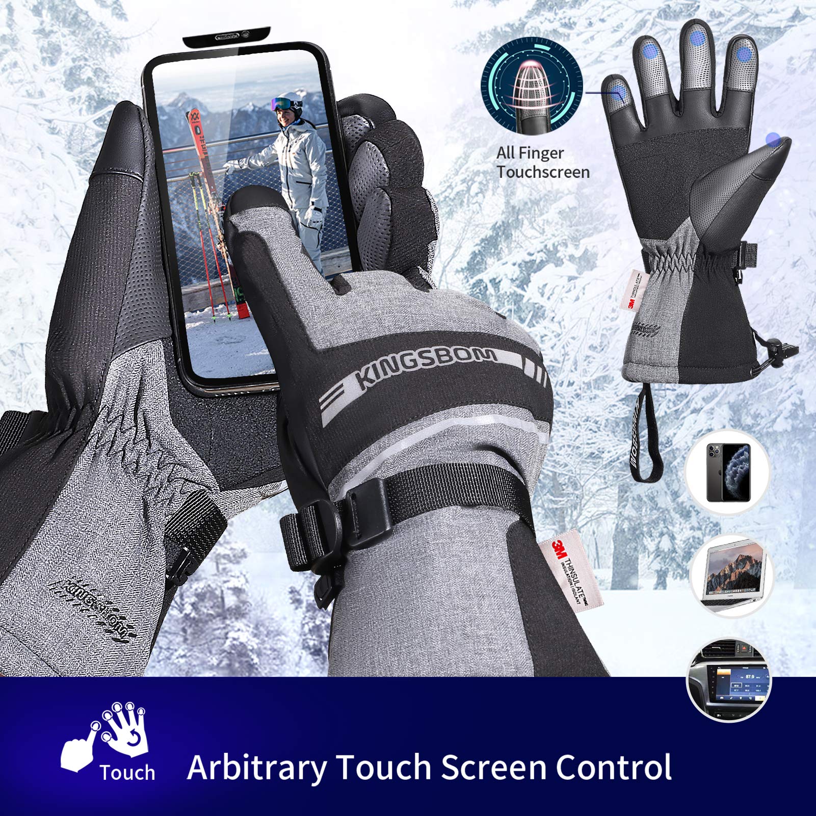 KINGSBOM Waterproof Ski & Snow Gloves, 3M Thinsulate Winter Warm Touch Screen Snowboard Gloves for Men & Women (XX-Large)
