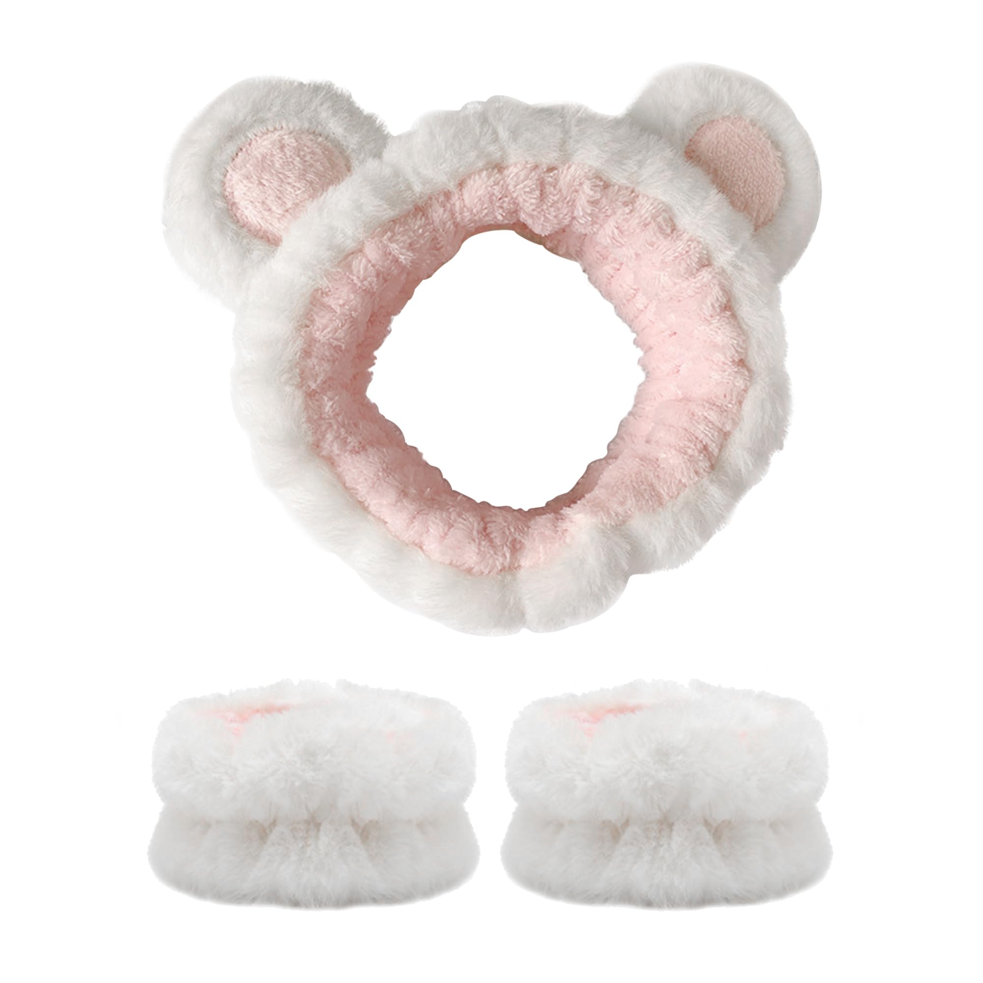 Headbands for Women Makeup Headband Spa Headband for Washing Face and Matching Wristbands Skincare Headbands Hair Band Women Facial Makeup Head Band Soft Fuzzy Head Wraps for Girls (White-Bear Ears)