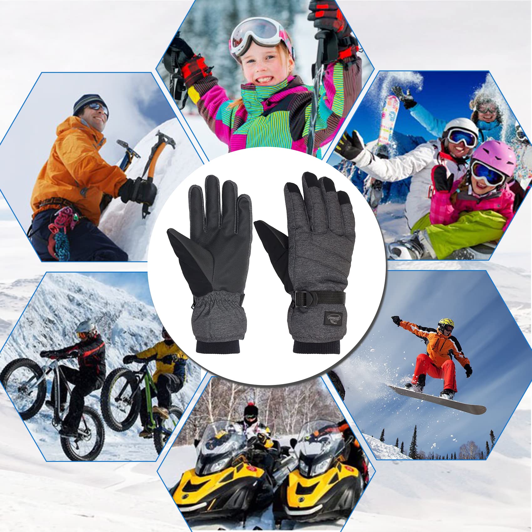 HIGHLOONG Mens Ski Snowboard Gloves Waterproof,Thinsulate, Melange Fabric Winter Cold Weather Gloves (Melange 2-pair L)