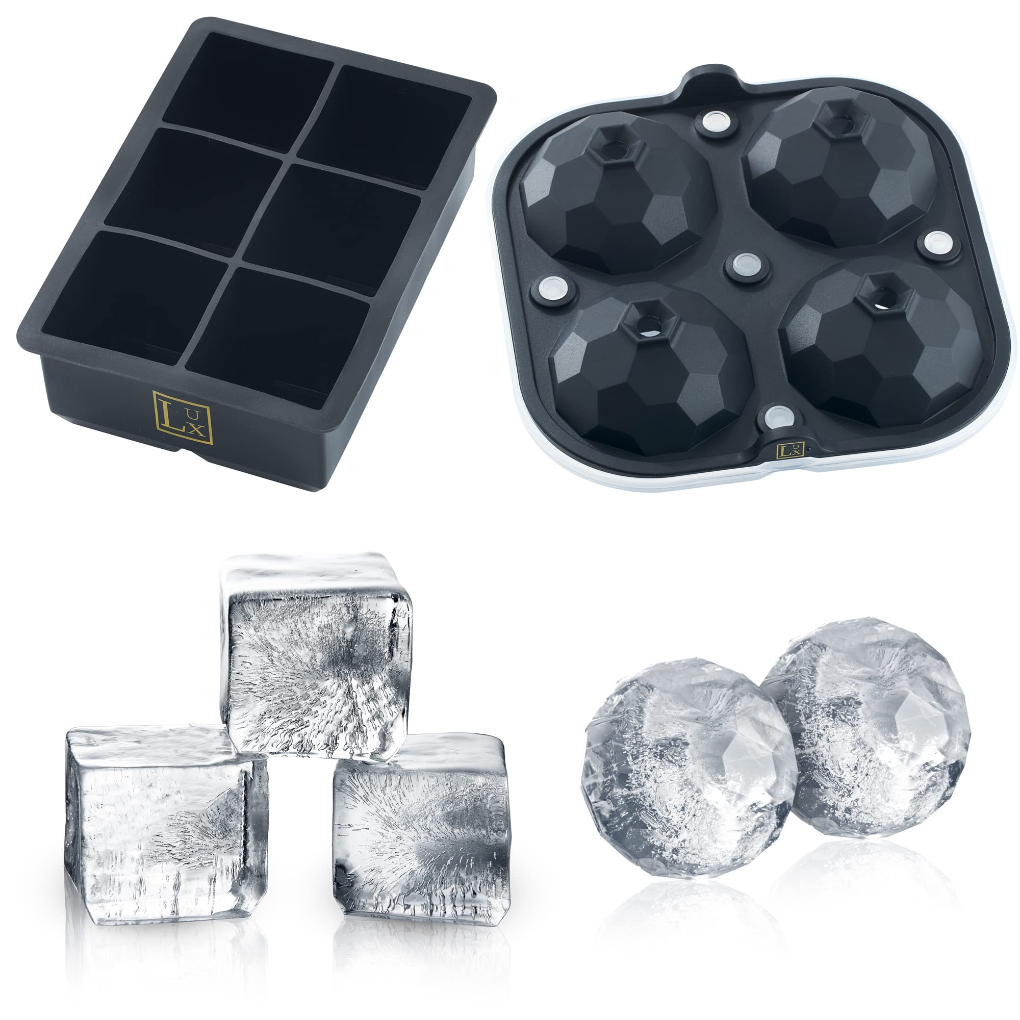LUX Large Ice Molds for Cocktails – Geodesic Sphere and Square Ice Cubes for Whiskey or Bourbon - Large Ice Trays - Long-Lasting Ice Cubes - No Dilution Chilled Drinks