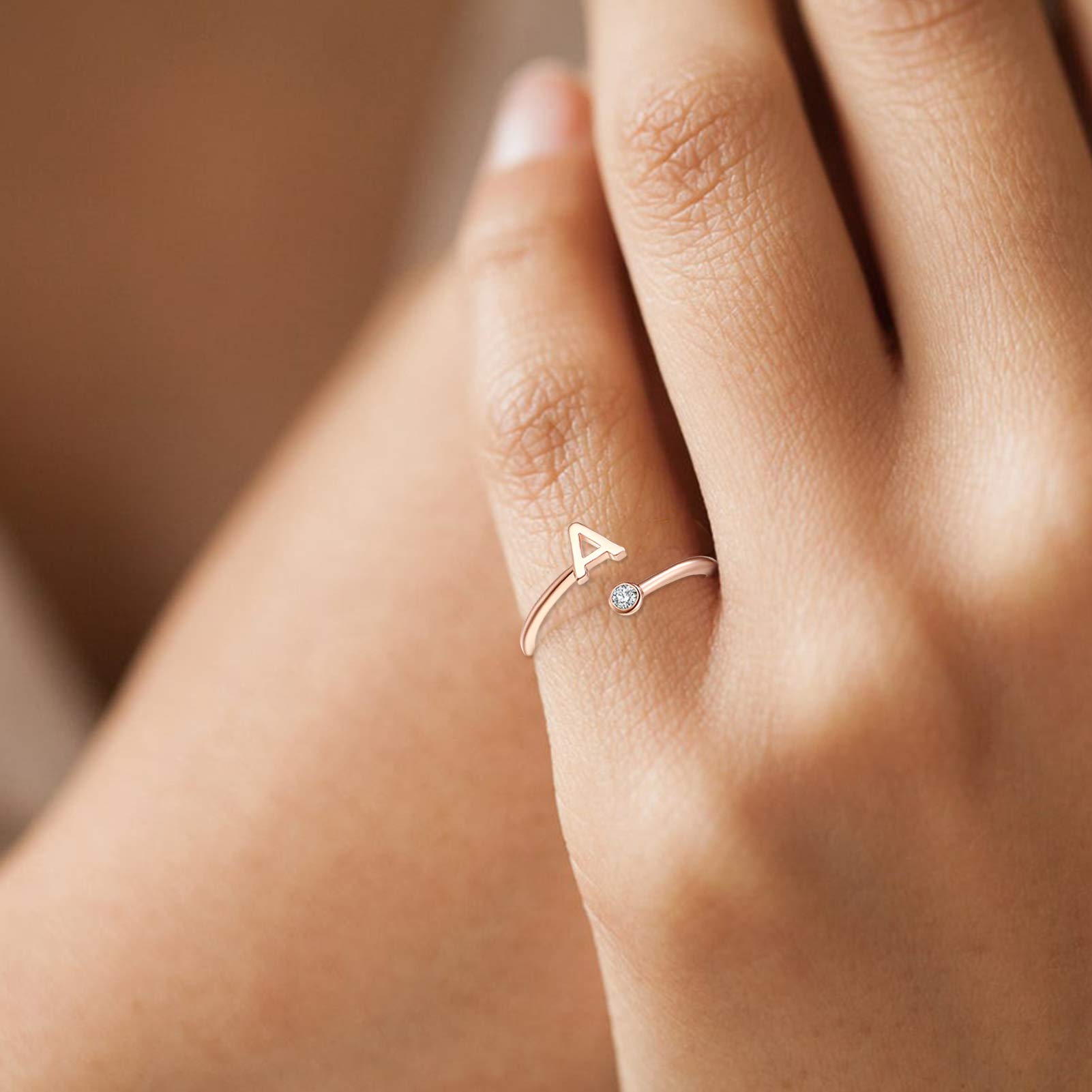 HUASAI Ross Gold Initial Ring for Women Adjustable 26 Stackable Alphabet Rings with Initial Name Knuckle Ring for Bridesmaid Gift(M)