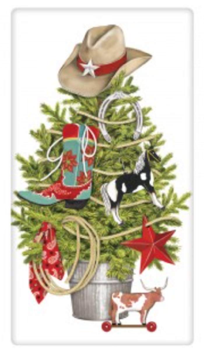 Mary Lake Thompson Western Cowboy Christmas Tree 100% Cotton Flour Sack Dish Tea Towel 30" x 30"