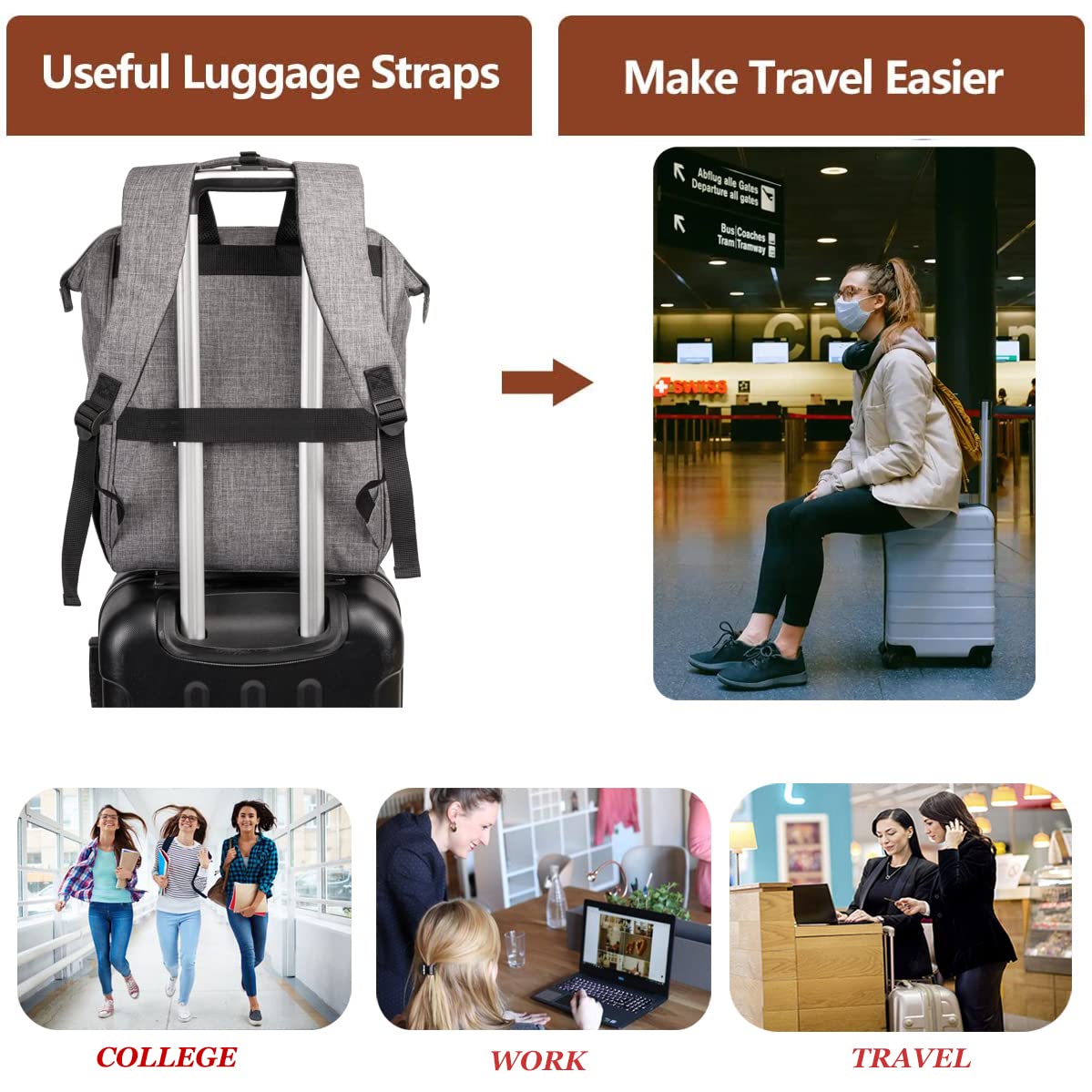 HXLGMD 15.6 Inch Laptop Backpack for Women Men 2 PCS Set Convertible Travel Work Backpack Professional Teacher Nurse Bag Daypack Purse with USB Port for Business College -Grey