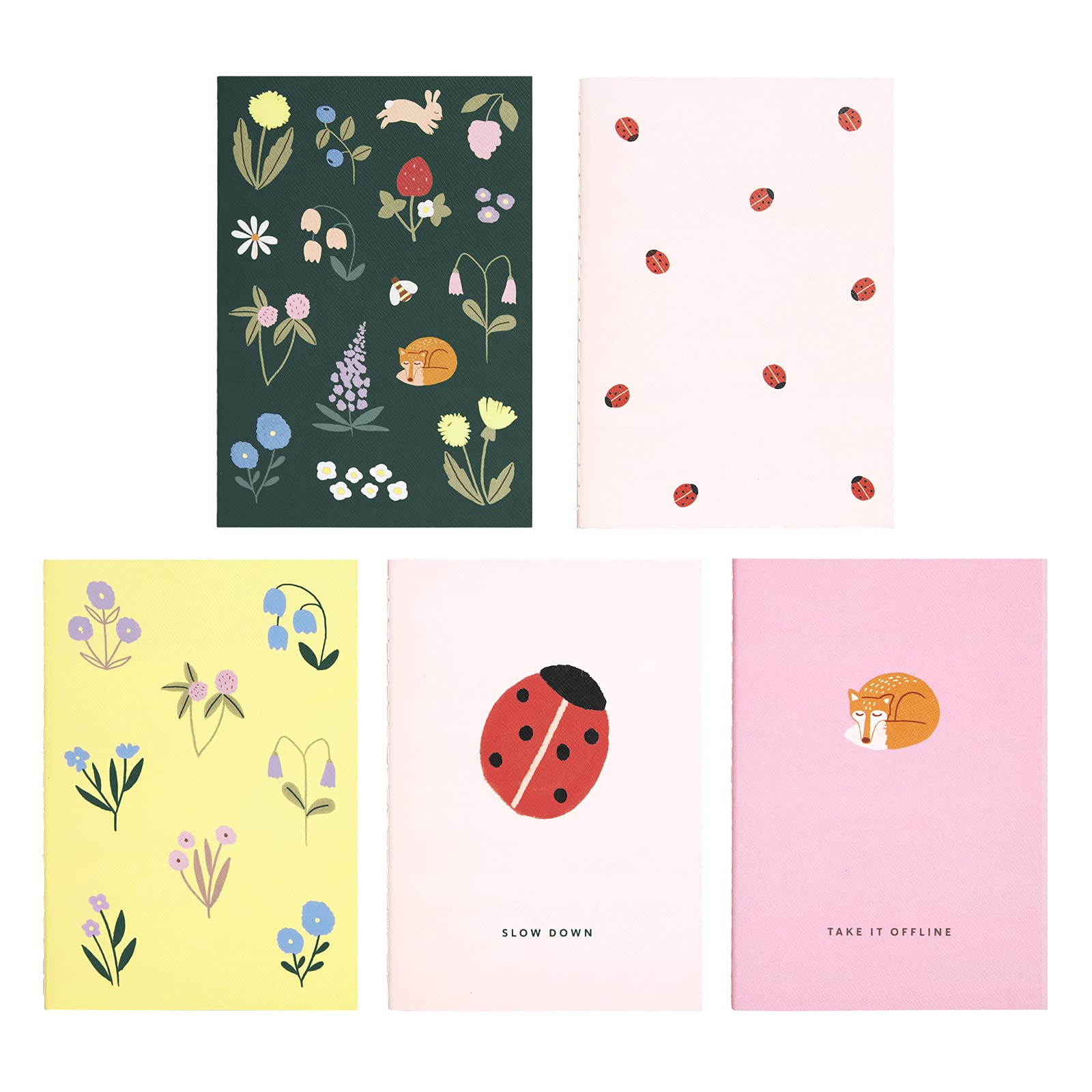 kikki.K Slow Down Collection - A6 Stitch Notebooks 5pk in Multi-Color, 5 Unique Illustrated Designs, Perfect for Taking Notes, Lined Paper, 52 Pages, 5.83" L x 4.13" W x 0.20" H
