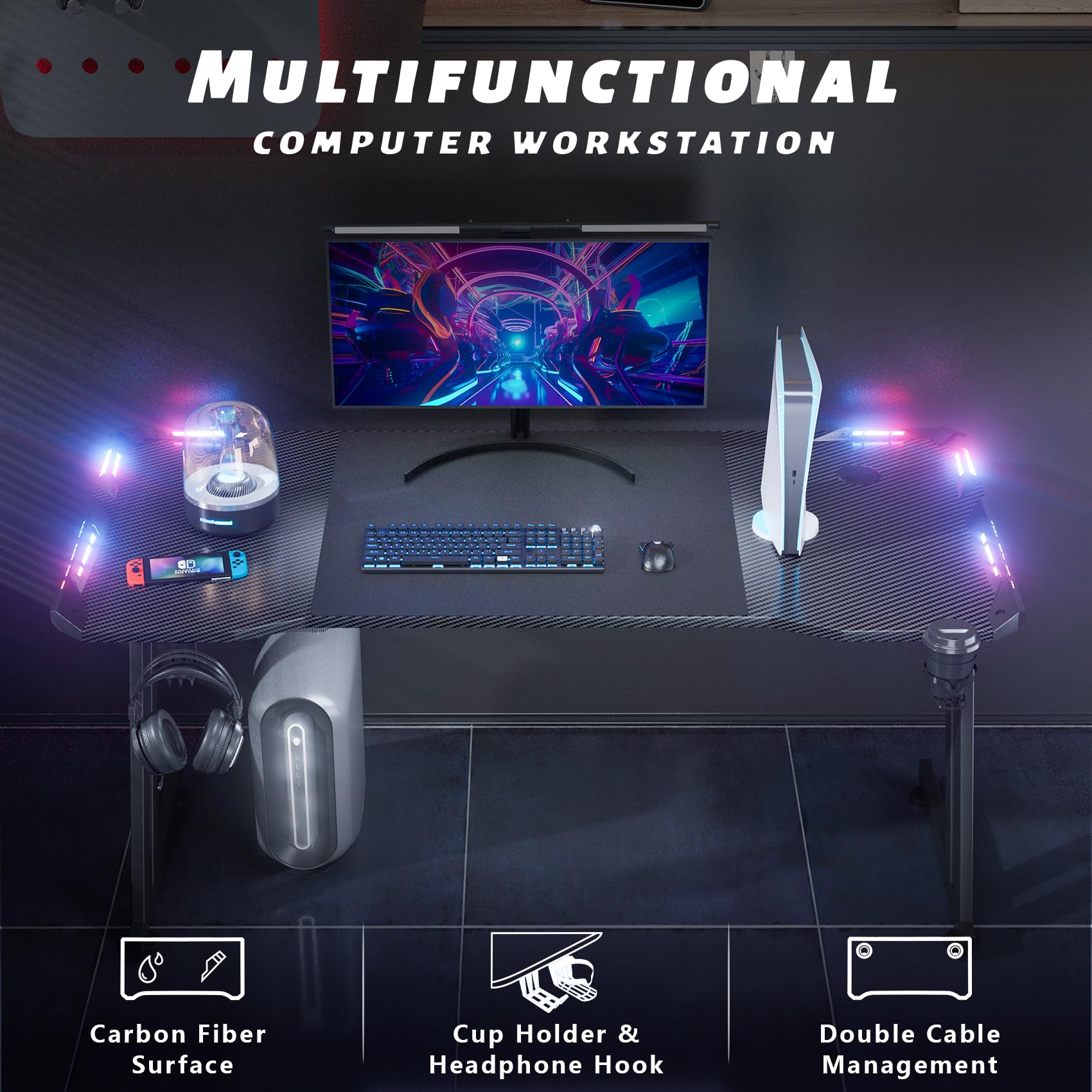 HLDIRECT 47 Inch Gaming Desk with LED Lights Carbon Fibre Surface Gaming Table Large Computer Desk Ergonomic Home Office Desks Z Shaped PC Gamer Workstations Blue