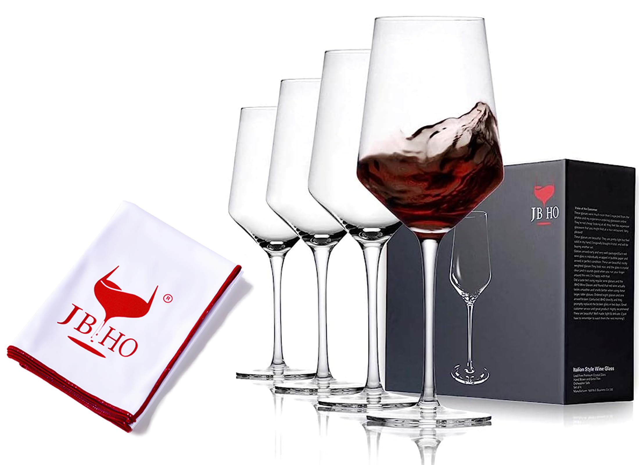 JBHO Polishing Cloth, Wine Glasses Polishing Cloths and 17 oz Lead-Free Wine Glasses Set of 4, Hand Blown Durable Crystal Wine Glasses
