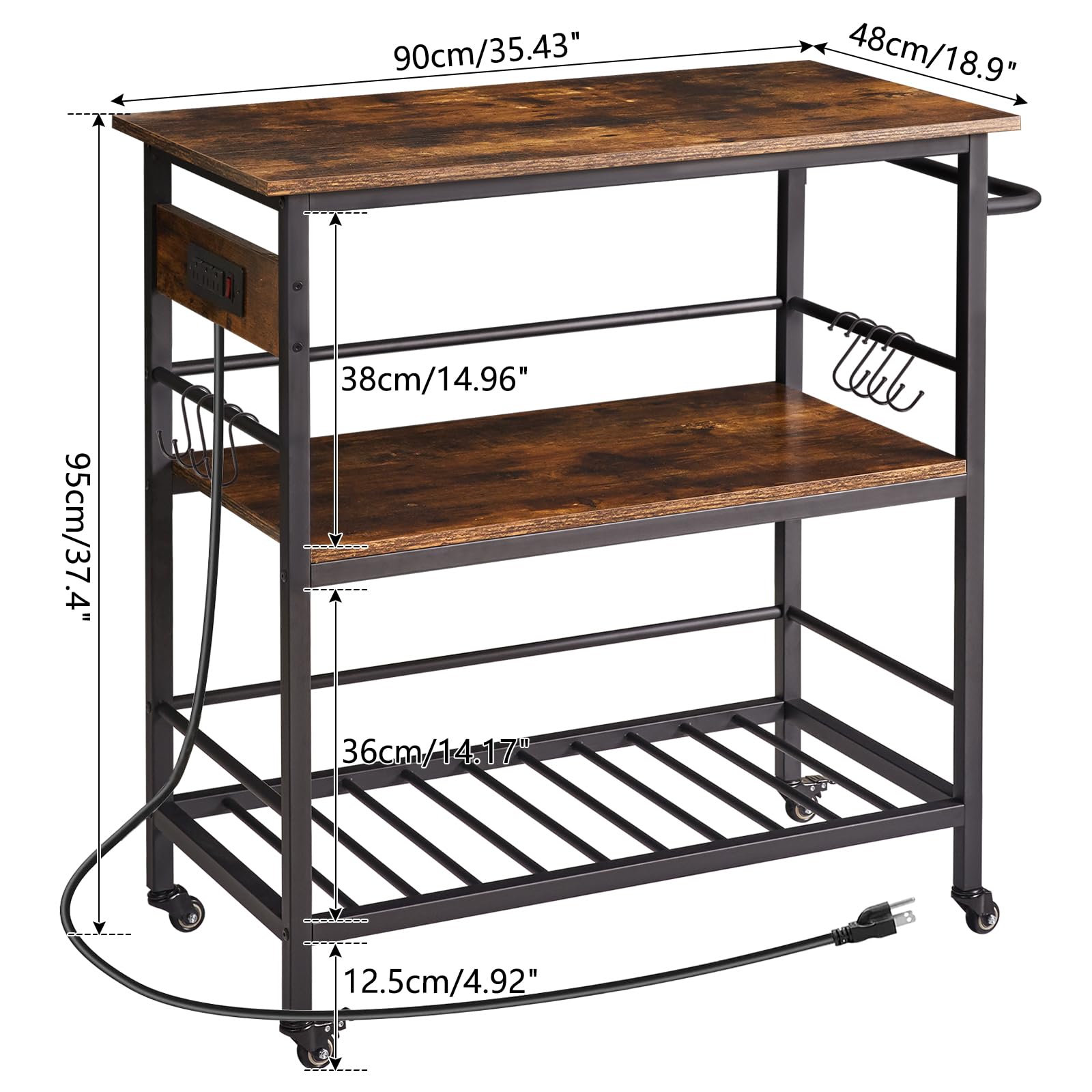 IBUYKE Kitchen Island with 3 Shelves, Island Table for Kitchen with Power Outlet,Kitchen Cart with Large Worktop,Rolling Bar Cart for Home, Outdoor, Kitchen, Living Room TMJ024H