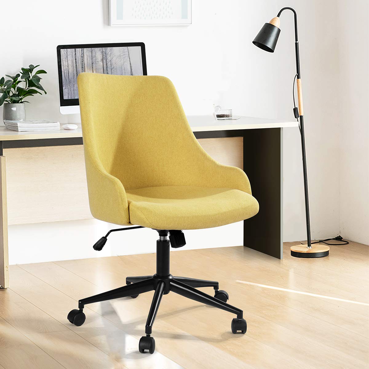 HOMYCASA Computer Chair Modern Upholstered Adjustable Height Swivel Desk Chair Mid Back Armrest for Home Office (Yellow)