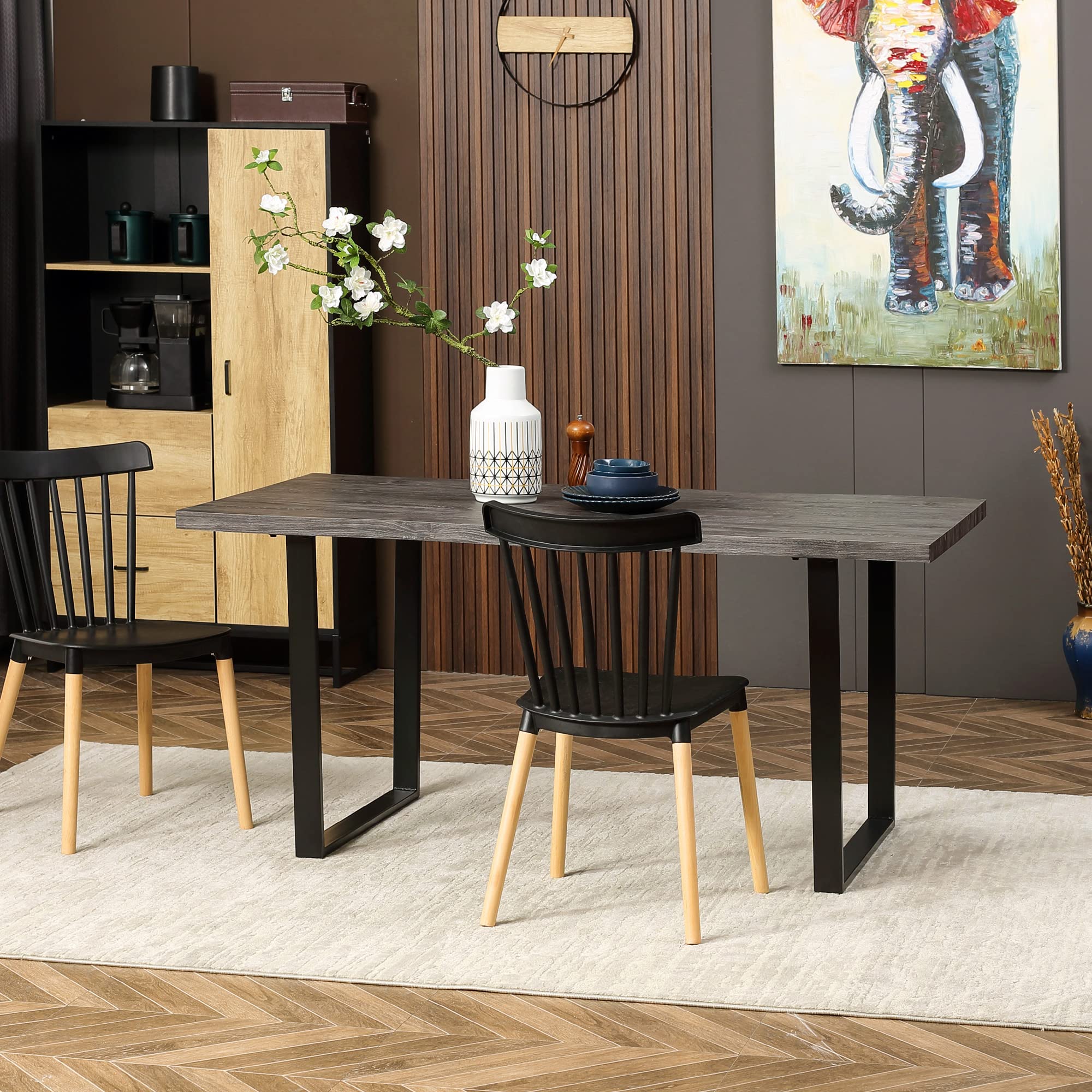 HOMCOM 63" Modern Dining Table for 6 People, Kitchen Table with Steel Legs, Rectangle Dinner Table with Strong Metal Base, Gray