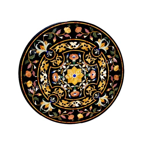 Pietra Dura Black Marble Round 30" x 30" Coffee Table Top, Black Marble Round Centre Table Top, Black Marble Round Dining Table Top, Piece Of Conversation, Family HeirLoom