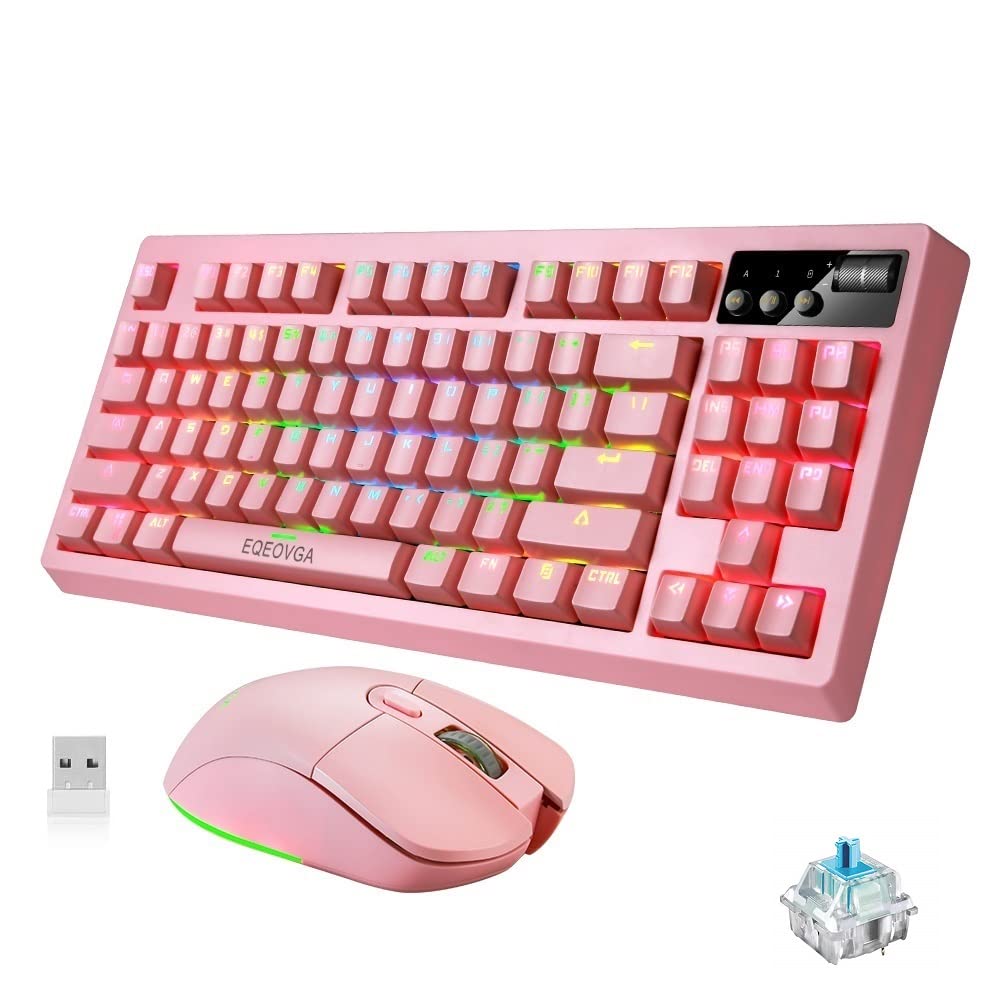 K51 Wireless Gaming Keyboard and Mouse Combo, Wireless Mechanical Keyboard/RGB Backlit Compact 87 Key/4000DPI Mouse, Rechargeable 3800mAh Battery for PC Gaming and Office-Pink