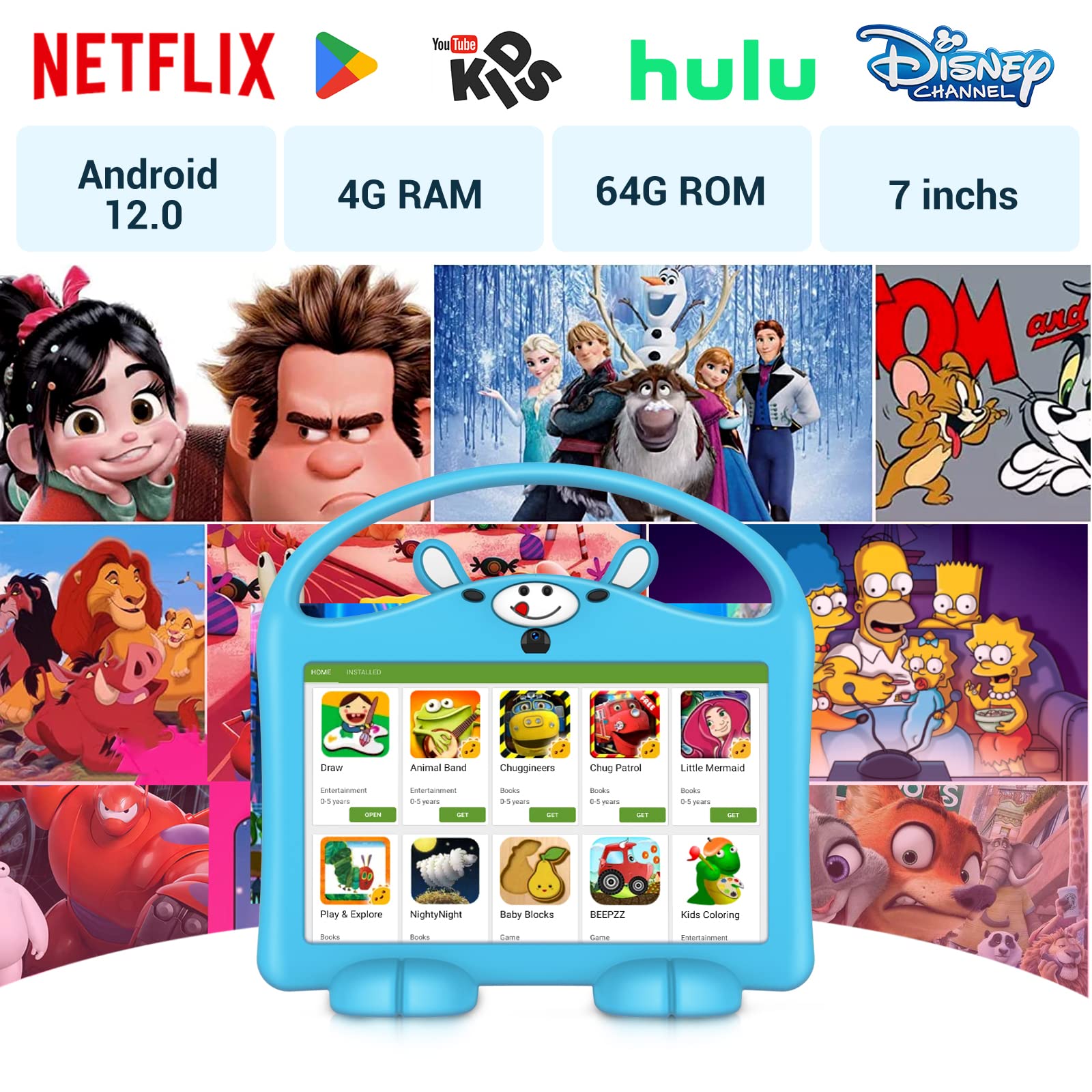 Kids Tablet, 7 inch Tablet for Kids 4GB RAM 64GB ROM, Android 12 Toddler Tablet with WiFi, Bluetooth, Parental Control, Dual Camera, Shockproof Case, YouTube Netflix, Children Tablet for Toddlers