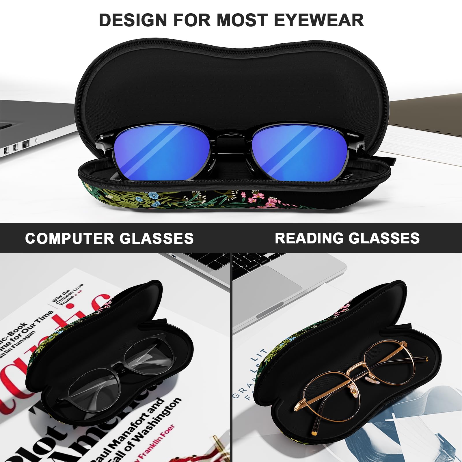 NPOOYI Sunglasses Soft Case, Ultra Light Portable Neoprene Zipper Glasses Case, Eyeglass Case with Carabiner for Men Women, Wild Flower