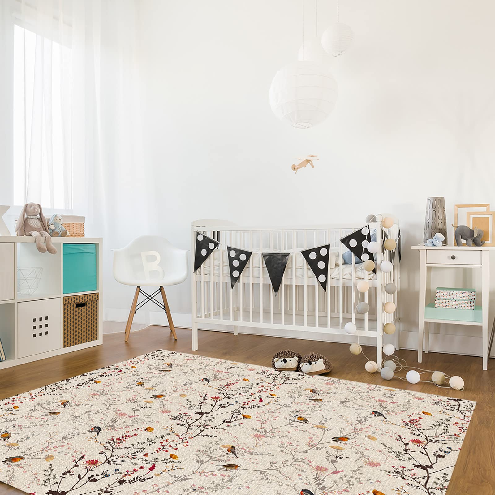 Large Area Rug 2' x 3' Throw Carpet Floor Cover Nursery Rugs for Children, Rustic Floral Modern Kitchen Mat Runner Rugs for Living Room/Bedroom Spring Bird Flowers Burlap Backdrop