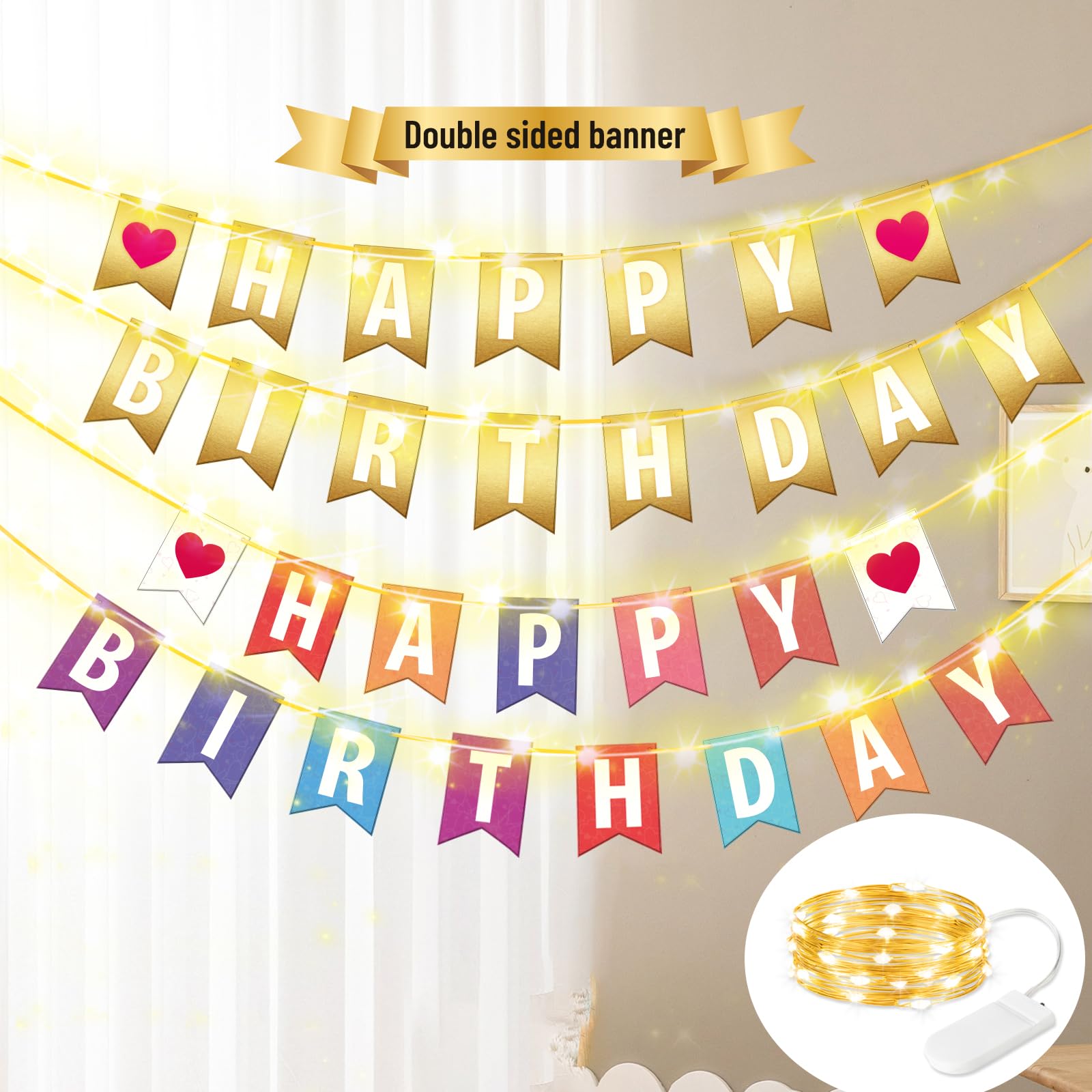 HXWEIYE Happy Birthday Banner Sign, Double Sided Birthday Banner Garland for Men Boys Baby Shower Backdrop Kids Party Supplies, Bunting Party Decorations(Colorful & Gold)